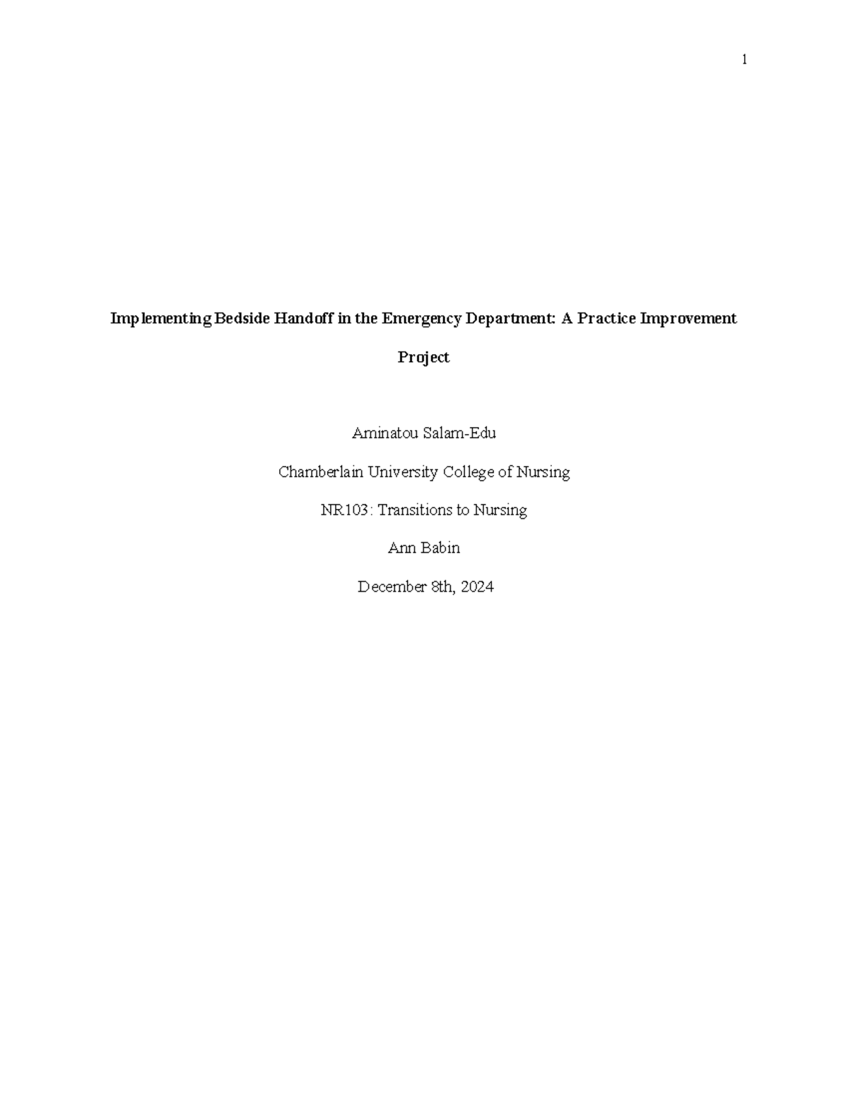 NR103: Transition Paper on Bedside Handoff in Emergency Care - Studocu