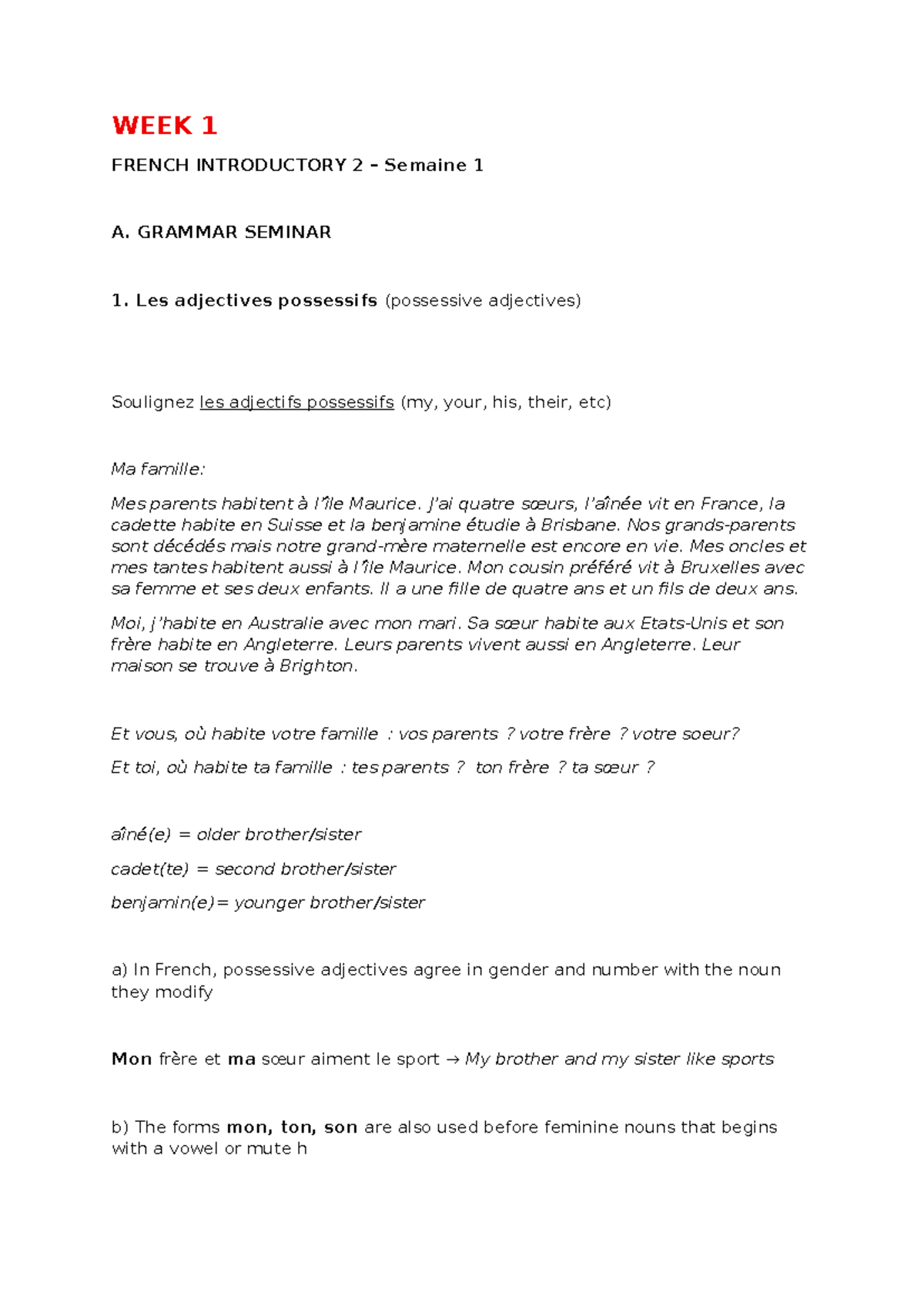 FRENCH INTRODUCTORY 2 – Week 1-5 Grammar Seminar Notes - Studocu