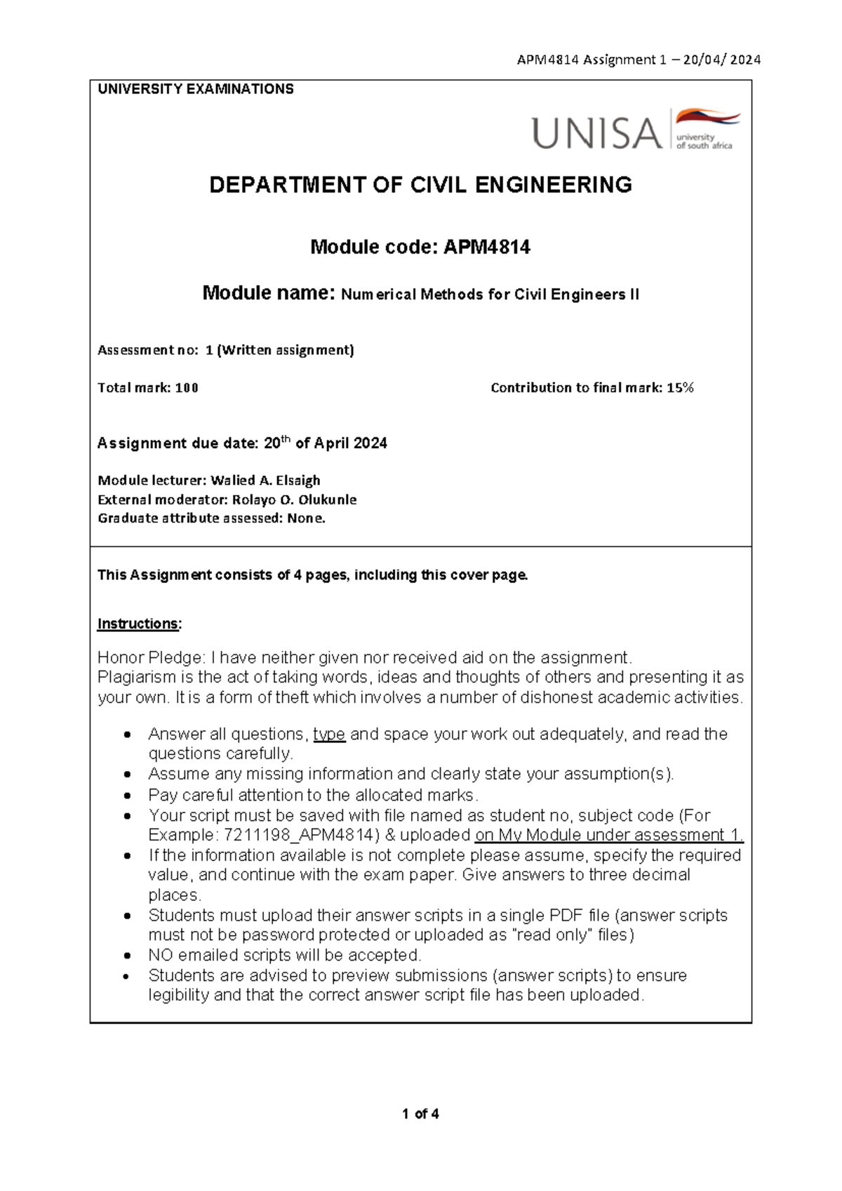 APM4814 Numerical Methods Written Assignment - Assessment 1 Guide - Studocu