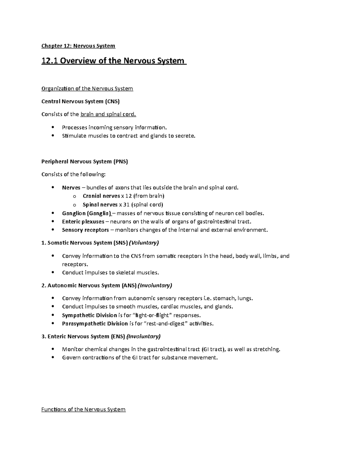 Lecture Notes - Chapter 12: Comprehensive Nervous System Review - Studocu