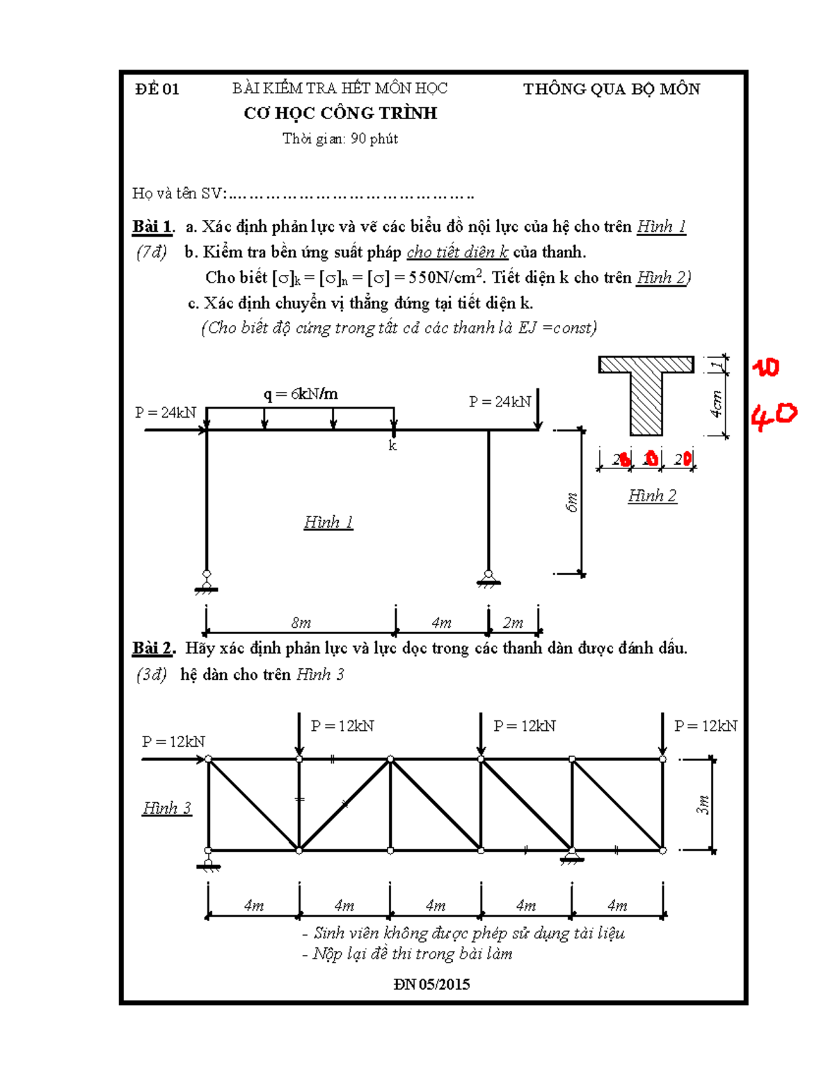 Đề Thi và Đáp Án Cơ Học Công Trình - Đề 01 Bài Kiểm Tra Hết Môn Học ...
