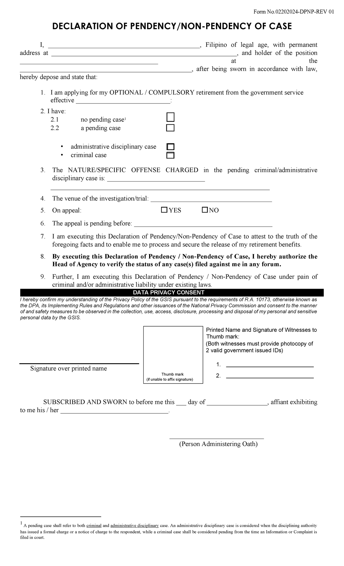 Declaration of Pendency/Non-Pendency of Case - Form No-DPNP-REV 01 ...
