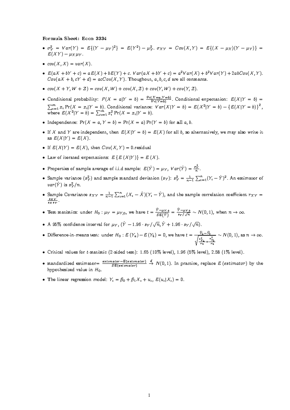 Midterm 3334 2021s formulasheet - Formula Sheet: Econ 3334 σ 2 Y =V ar(Y) =E{(Y−μY) 2 }=E(Y 2 )− ...