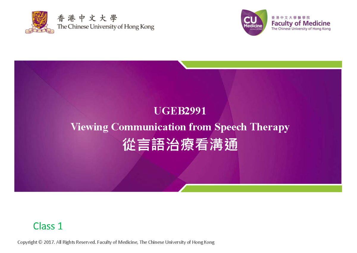 UGEB2991 Lecture 1: Introduction to Communication in Speech Therapy ...