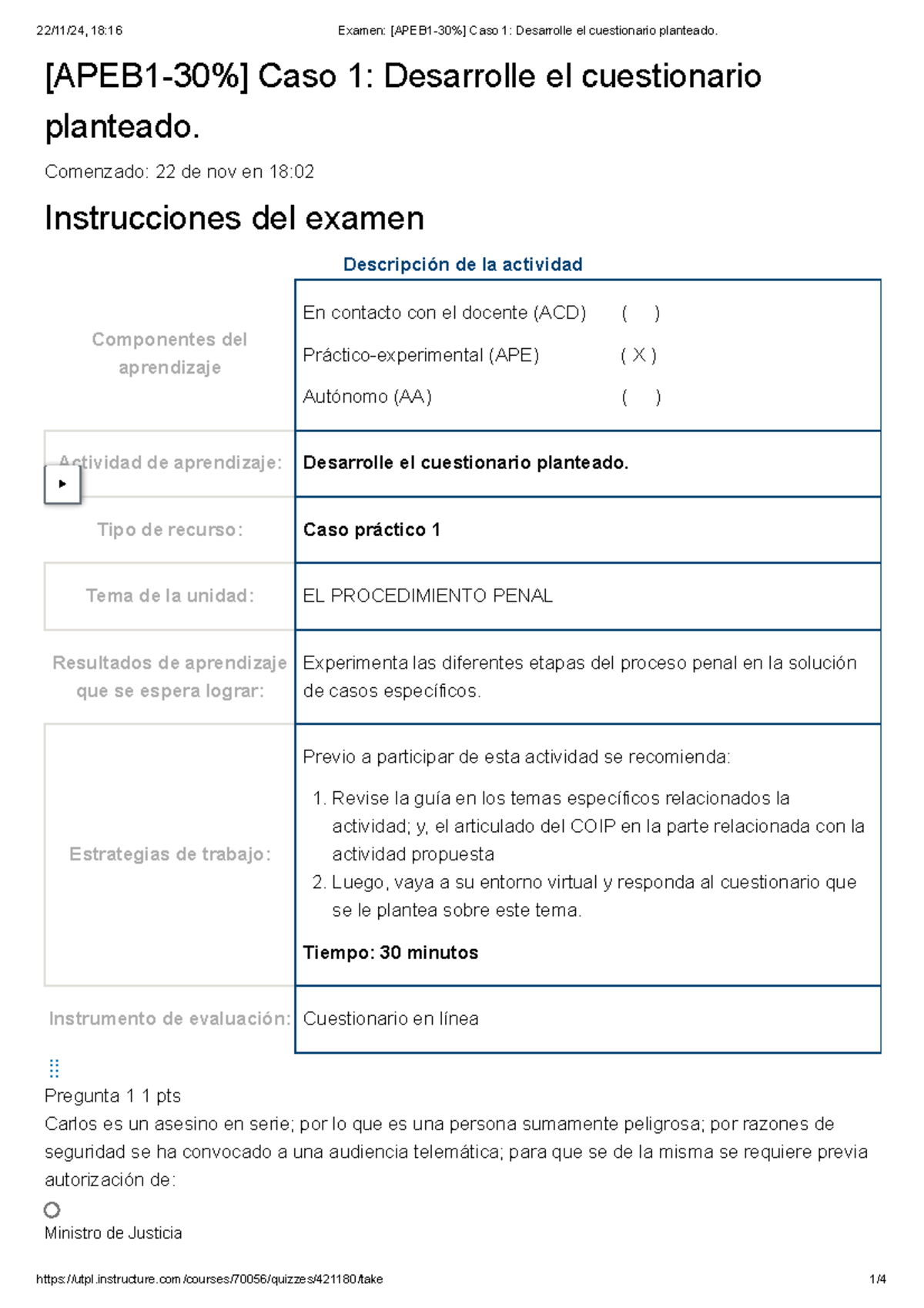 Examen [APEB 1-30%] Caso 1: Cuestionario sobre Procedimiento Penal - Studocu