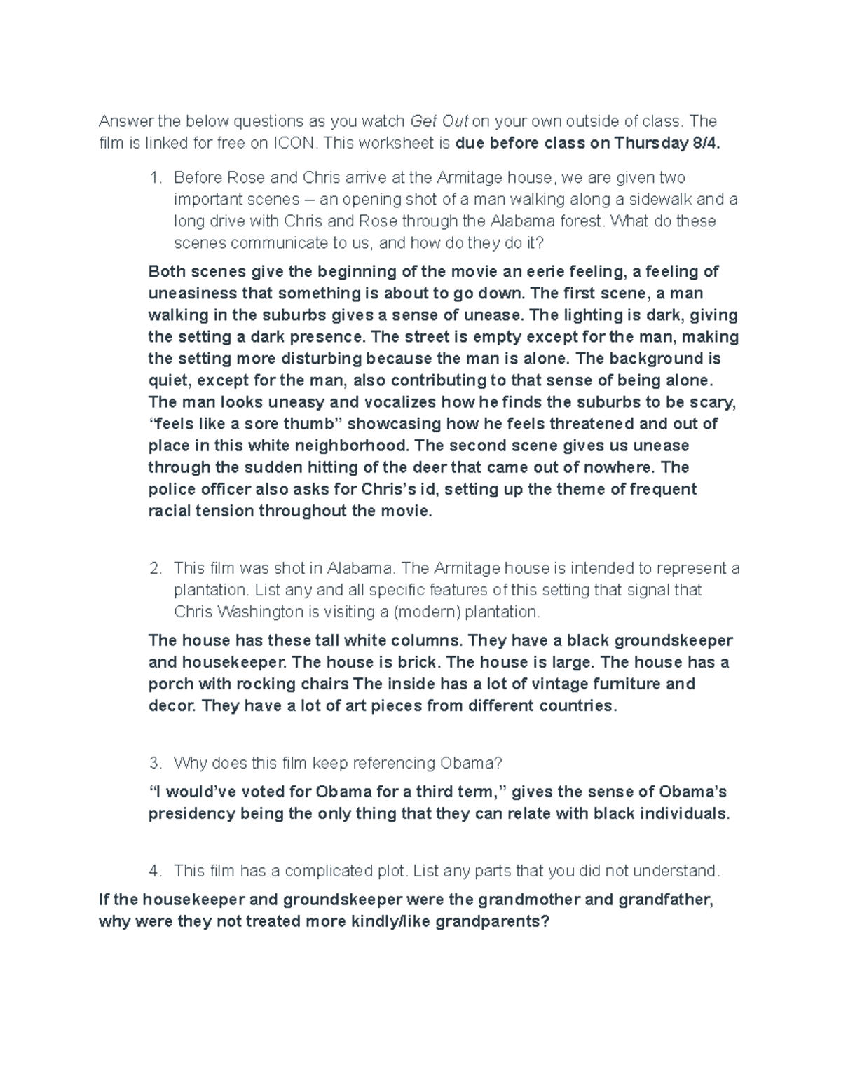 ENG102 - "Get Out" Movie Worksheet & Analysis Questions - Studocu