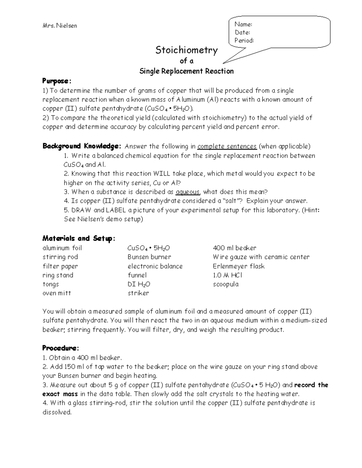 Stoichiometry of a Single Replacement Reaction - Chemistry Lab (Mrs ...