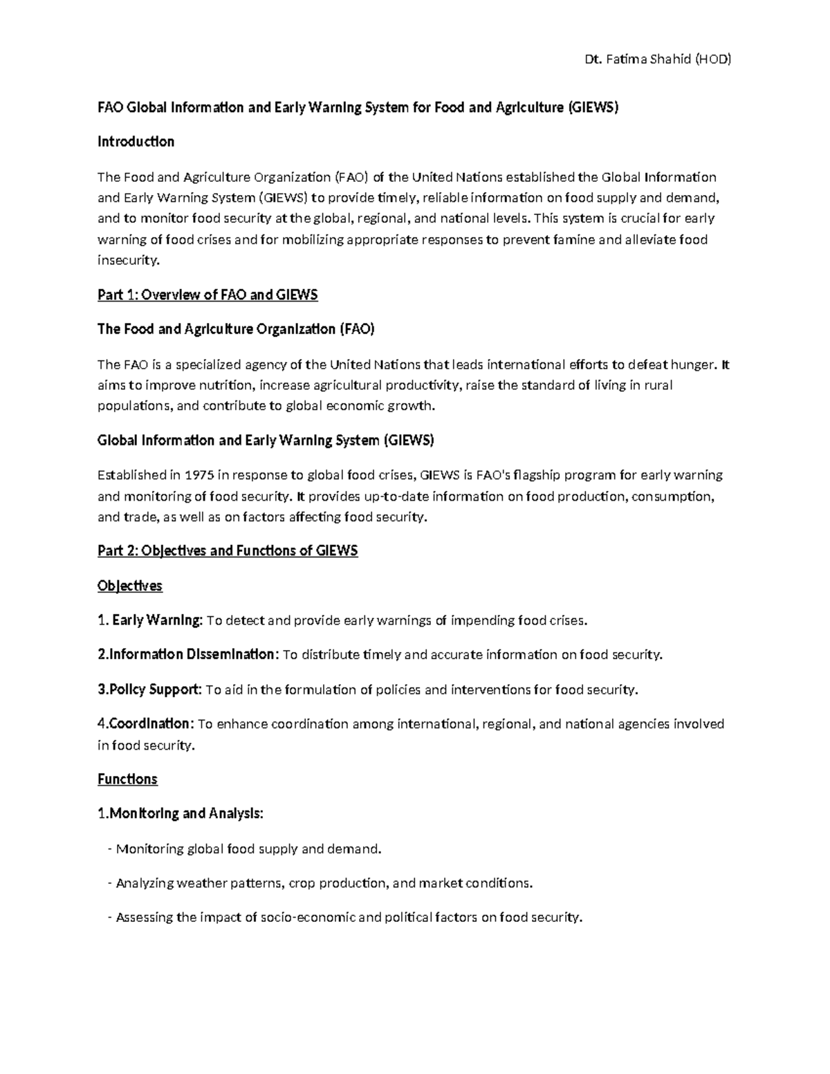 FAO GIEWS Overview: Early Warning & Food Security Analysis - Studocu