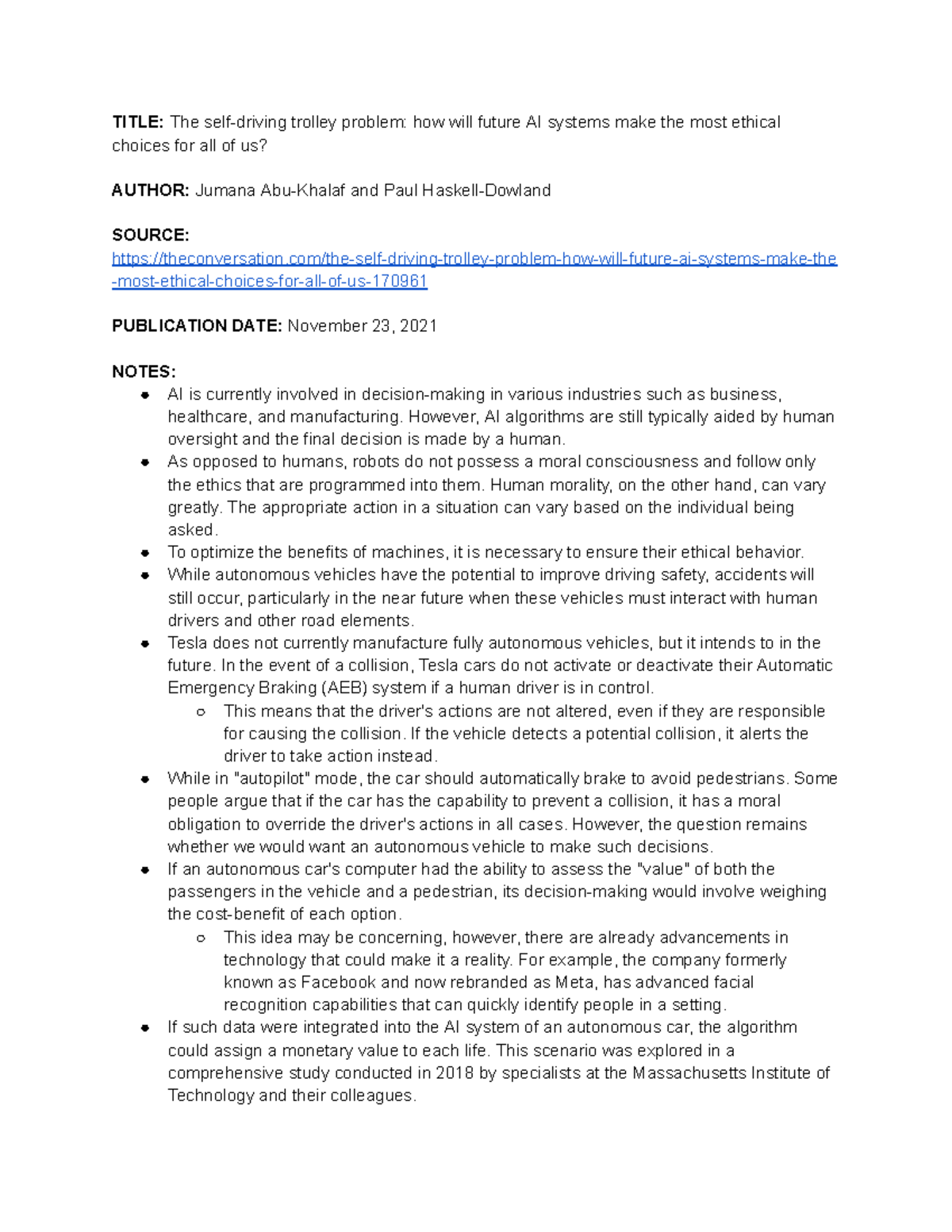 Journal Article #7 - The self-driving trolley problem: how will future ...