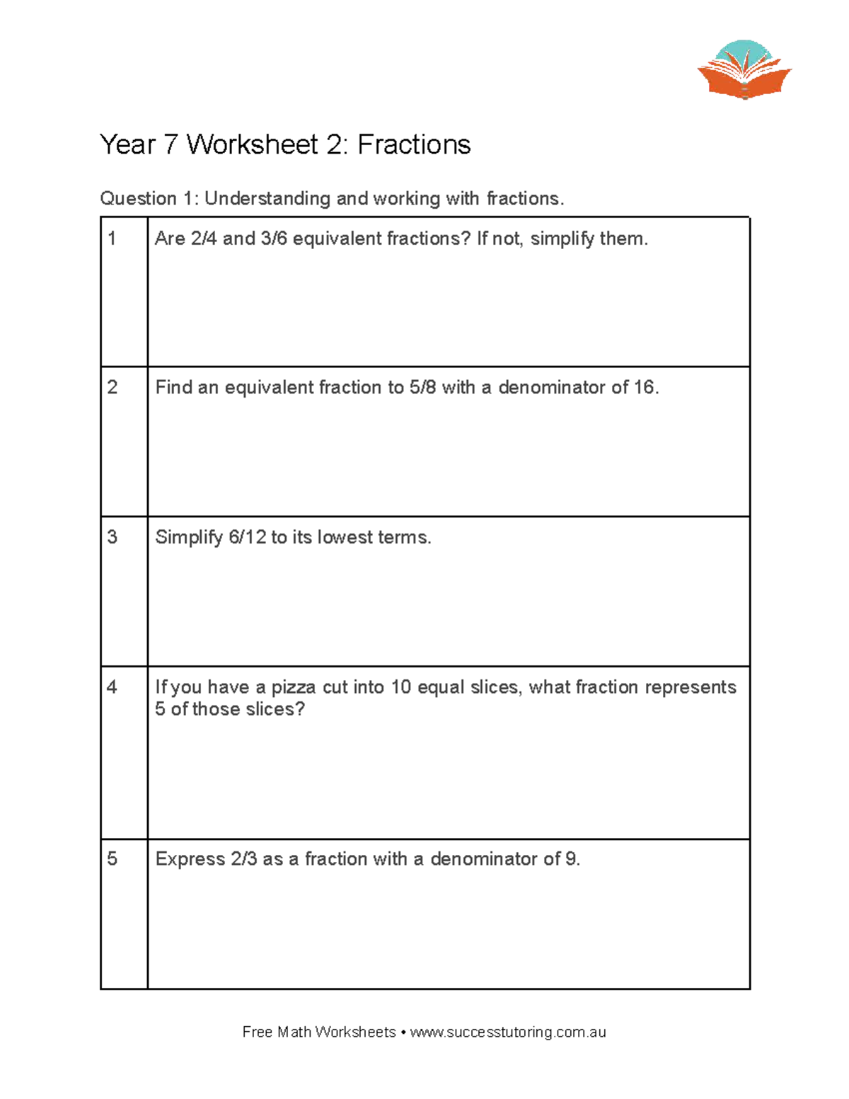 Year 7 Math Worksheet 2: Understanding Fractions and Simplification ...