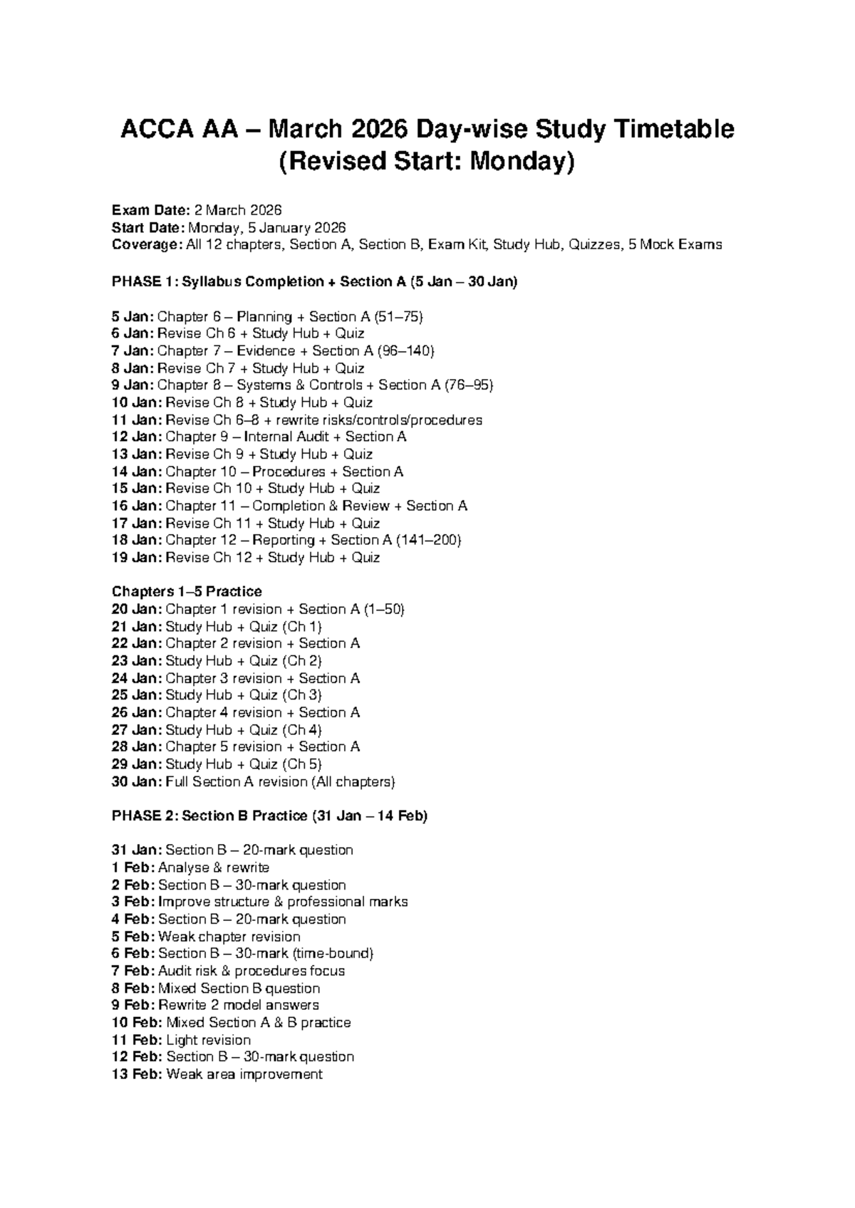 ACCA AA March 2026 Study Timetable: Comprehensive Exam Prep - Studocu