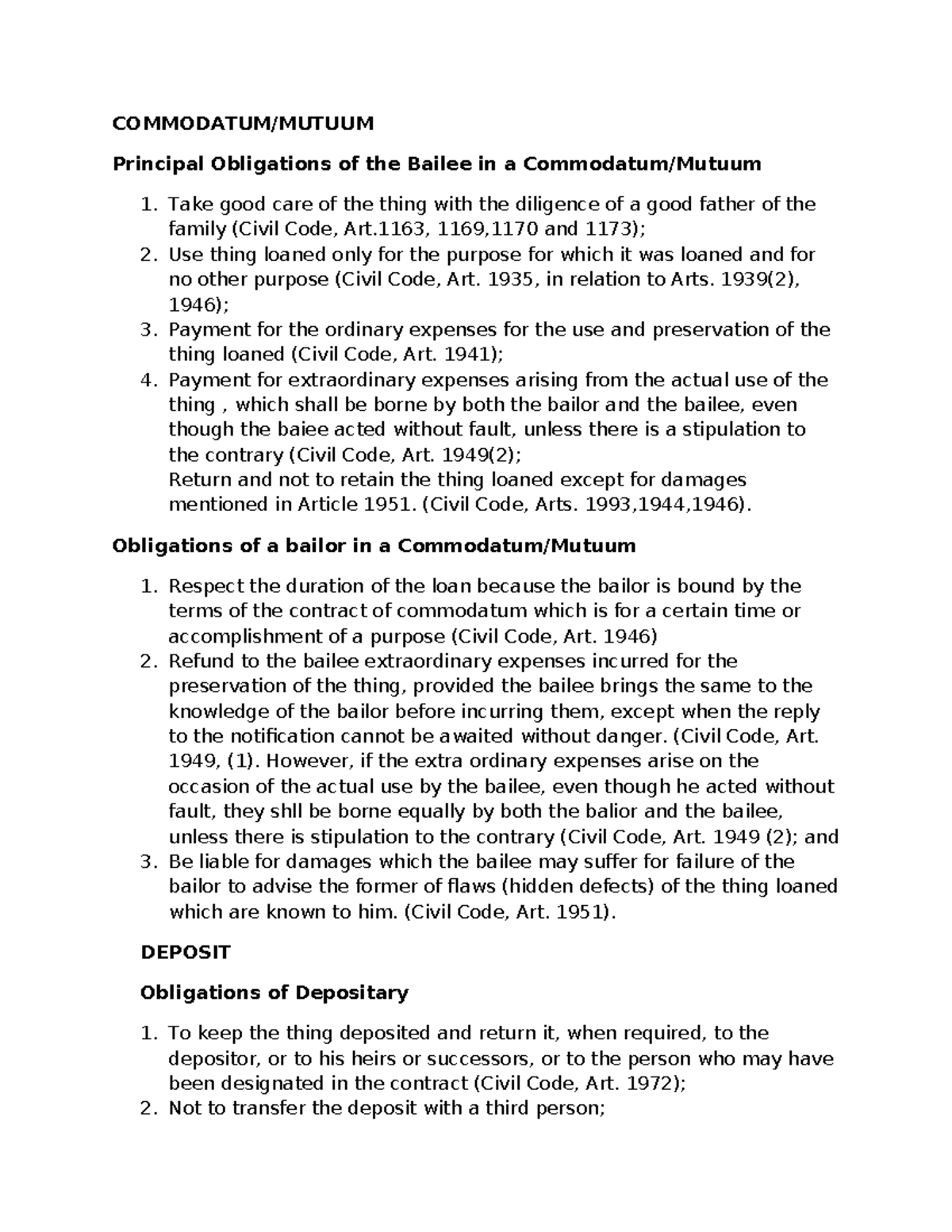 Commodatum & Mutuum: Key Bailee Obligations Overview - Studocu