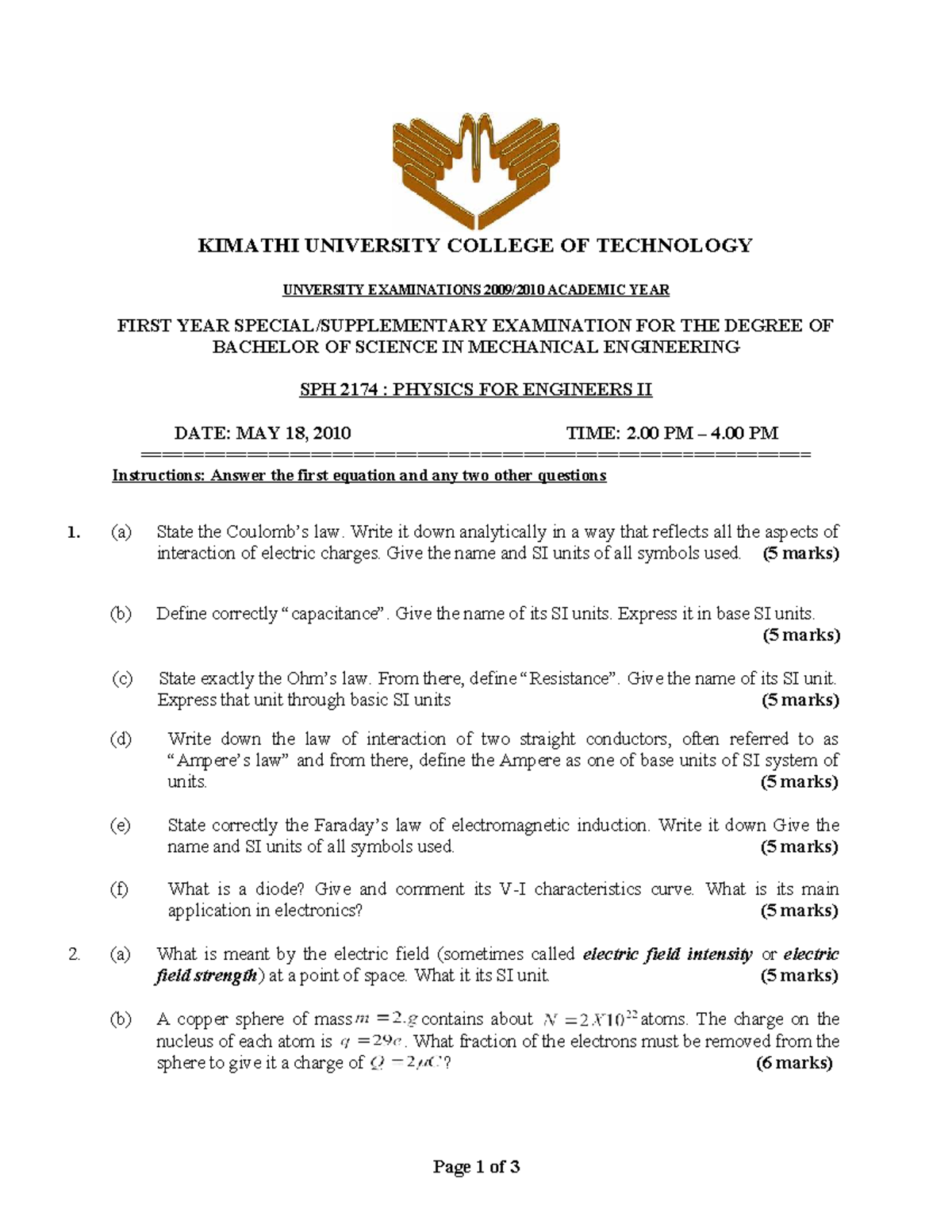 SPH 2174: Physics for Engineers II - Final Exam Review Notes - Studocu