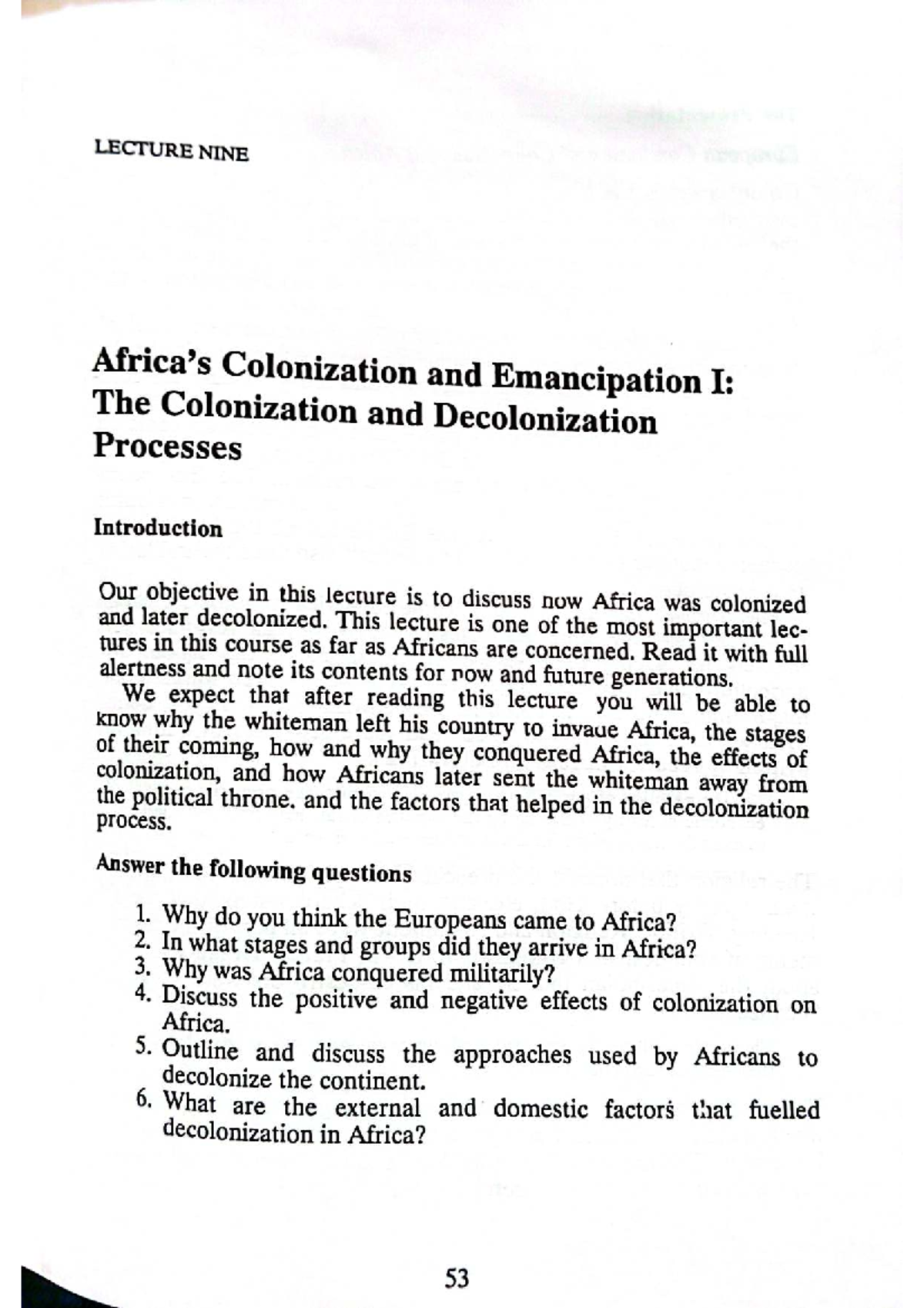 LECTURE 9: Africa's Colonization and Emancipation Processes - Studocu