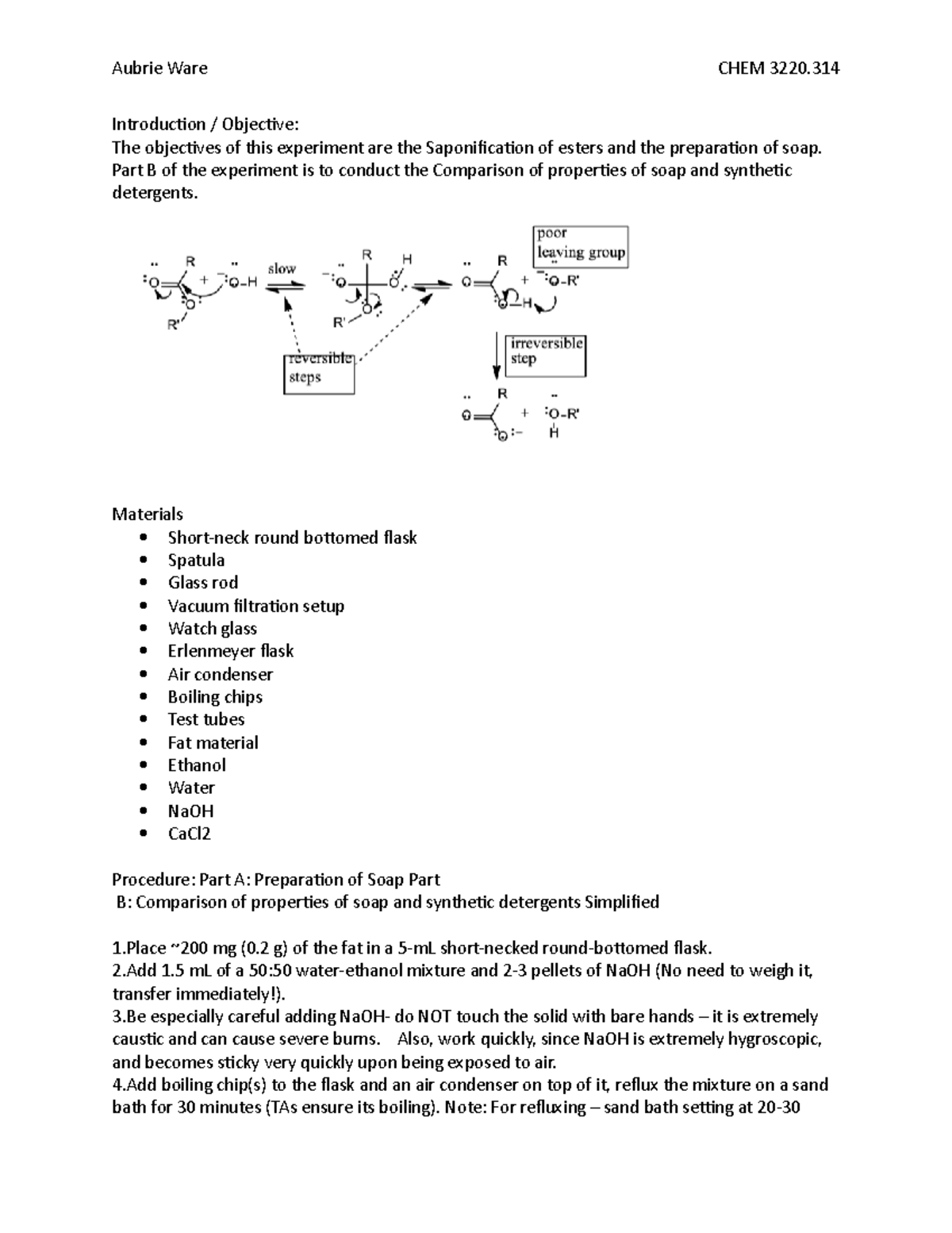 Lab Report 7: Saponification of Esters and Soap Preparation Experiment ...