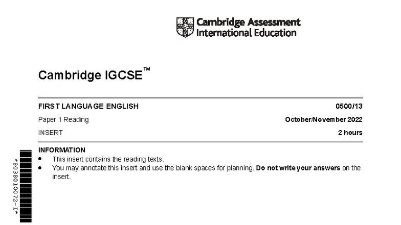 Cambridge IGCSE 0500/13/2022 Paper 1 Reading Insert - Studocu