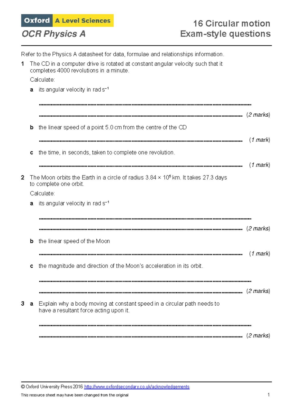 OCR Physics A 16 Circular Motion Questions and Calculations - Studocu