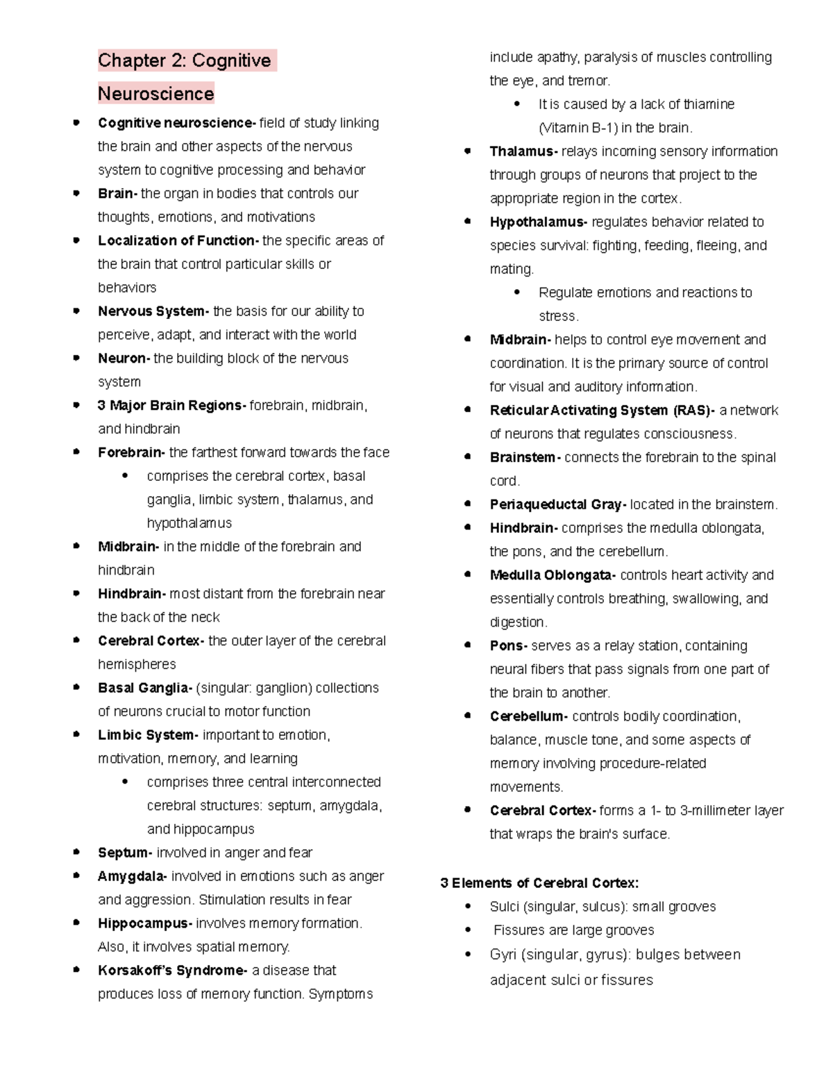 Cognitive Psychology (PSY 201) Chapter 2: Cognitive Neuroscience Review - Studocu