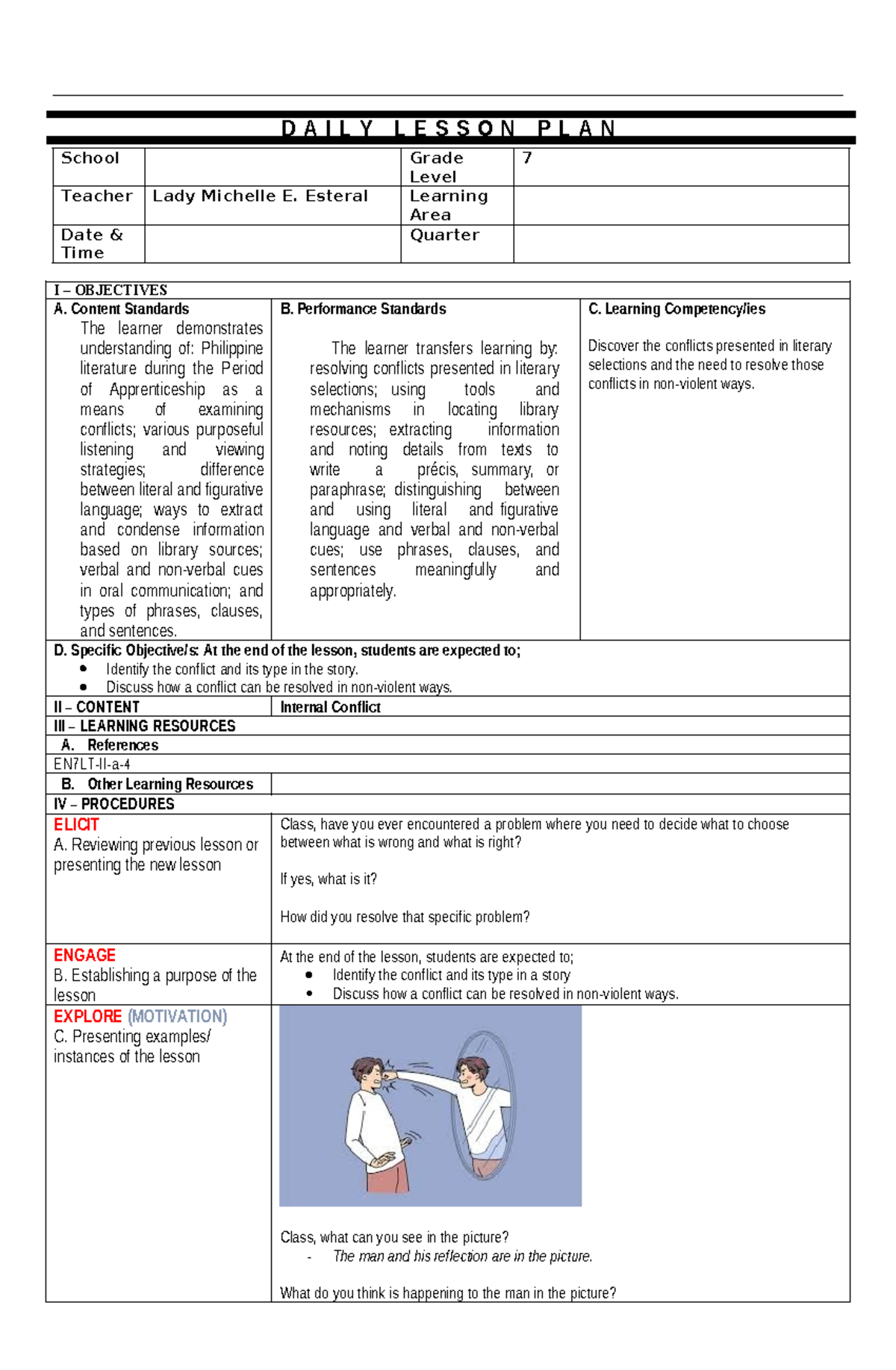 DAILY LESSON PLAN: Internal Conflicts in Philippine Literature (Grade 7 ...