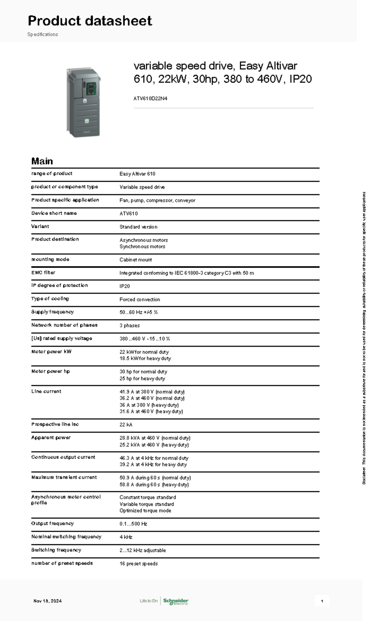Schneider Electric Altivar-Easy-610 ATV610D22N4 - variable speed drive ...