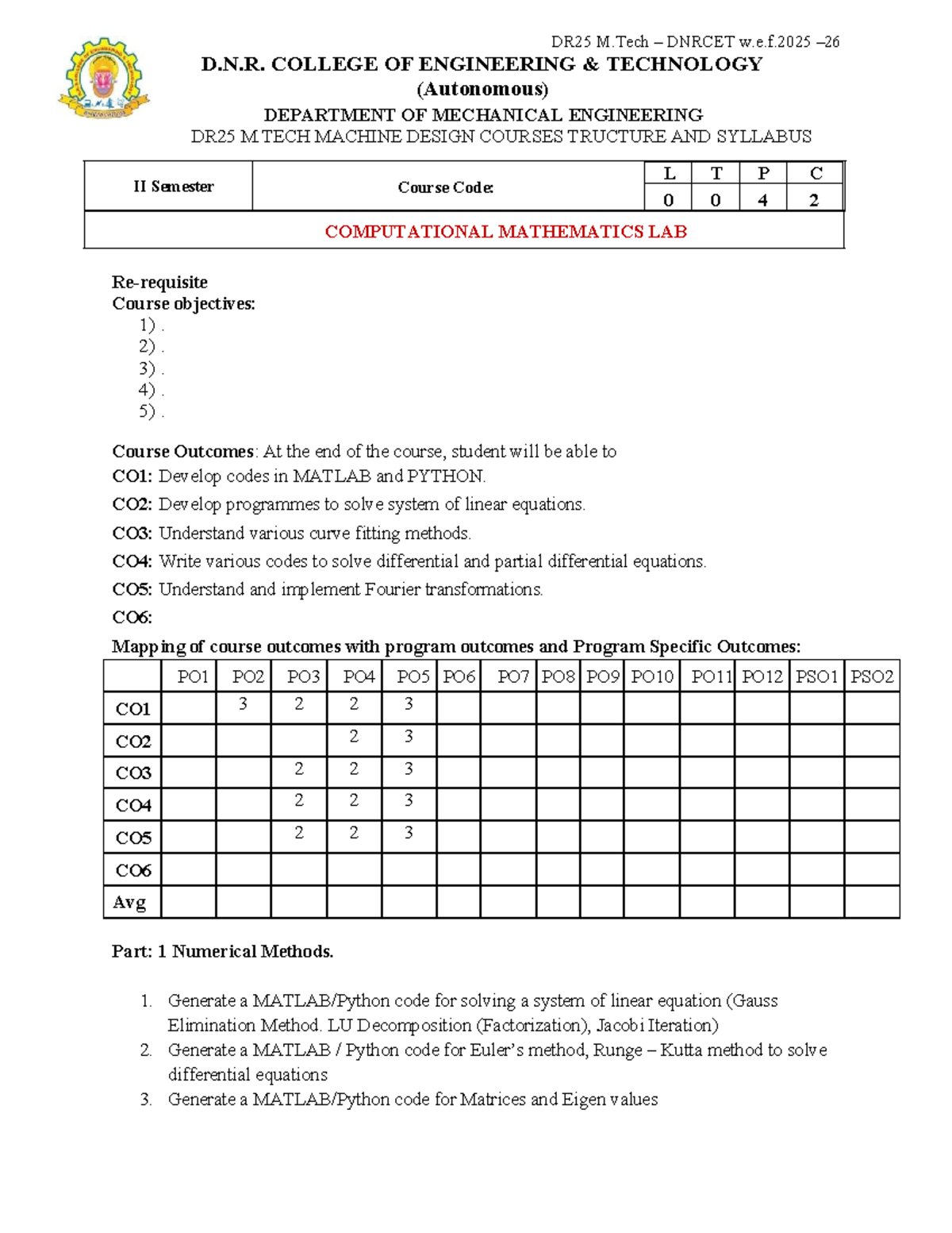 DR25 M.Tech Computational Mathematics Lab Syllabus & Objectives - Studocu