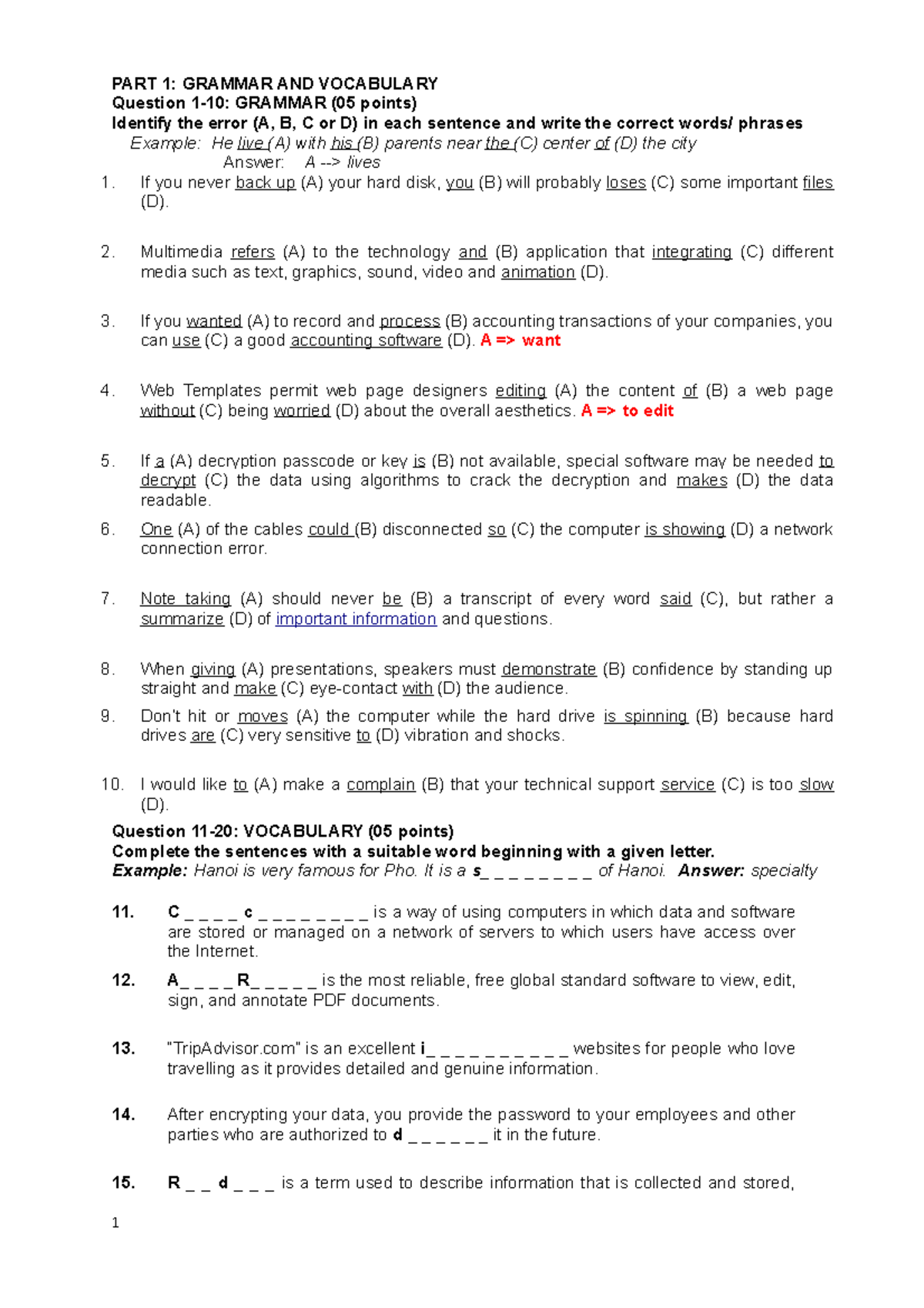 For students. Vocab + GRAM + READ + Listen - PART 1: GRAMMAR AND ...