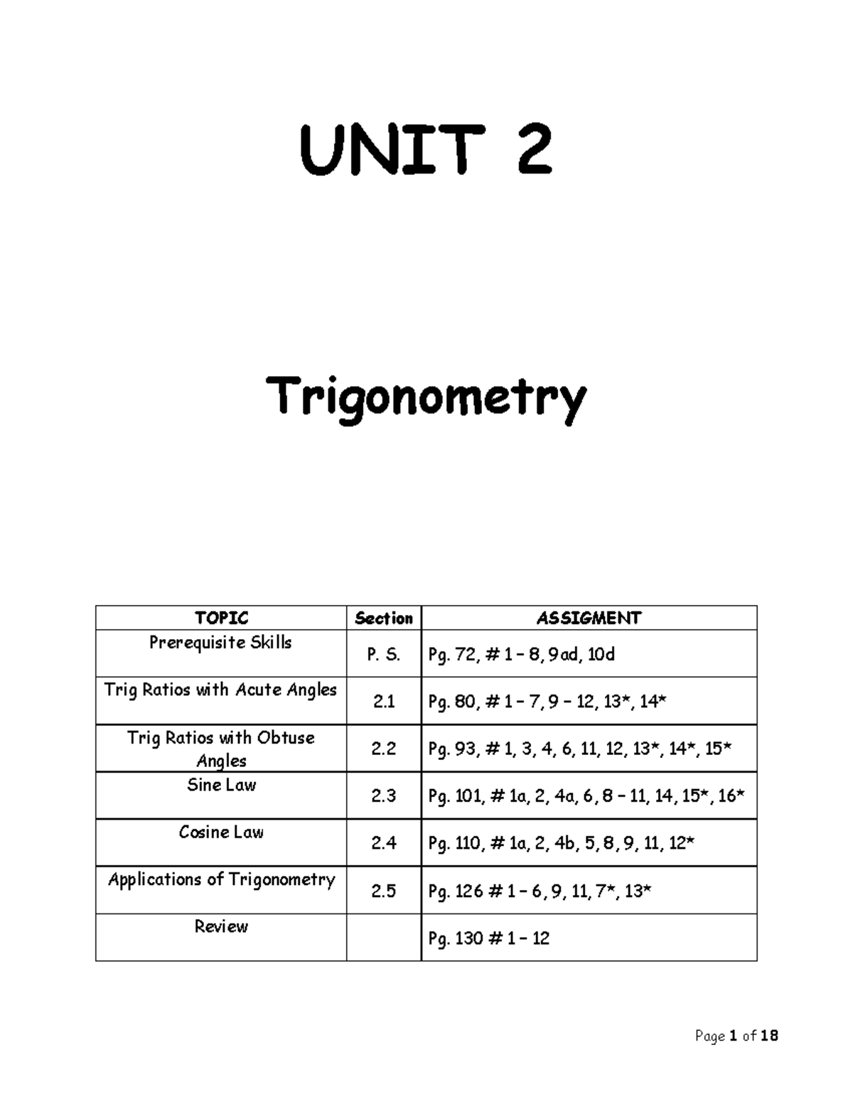UNIT 2 Trigonometry: Trig Ratios, Laws, and Applications - Studocu