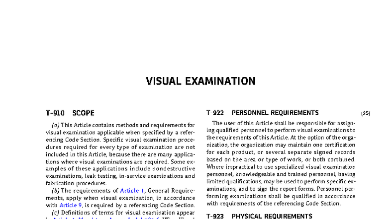 Visual Examination Scope and Requirements - ASME Section V 2025 - Studocu