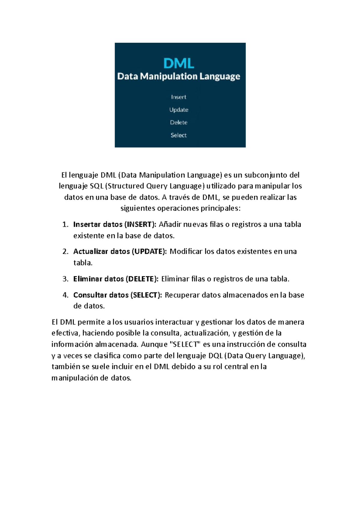 GUÍA DE Comandos DML (Data Manipulation Language) 2024 - Studocu