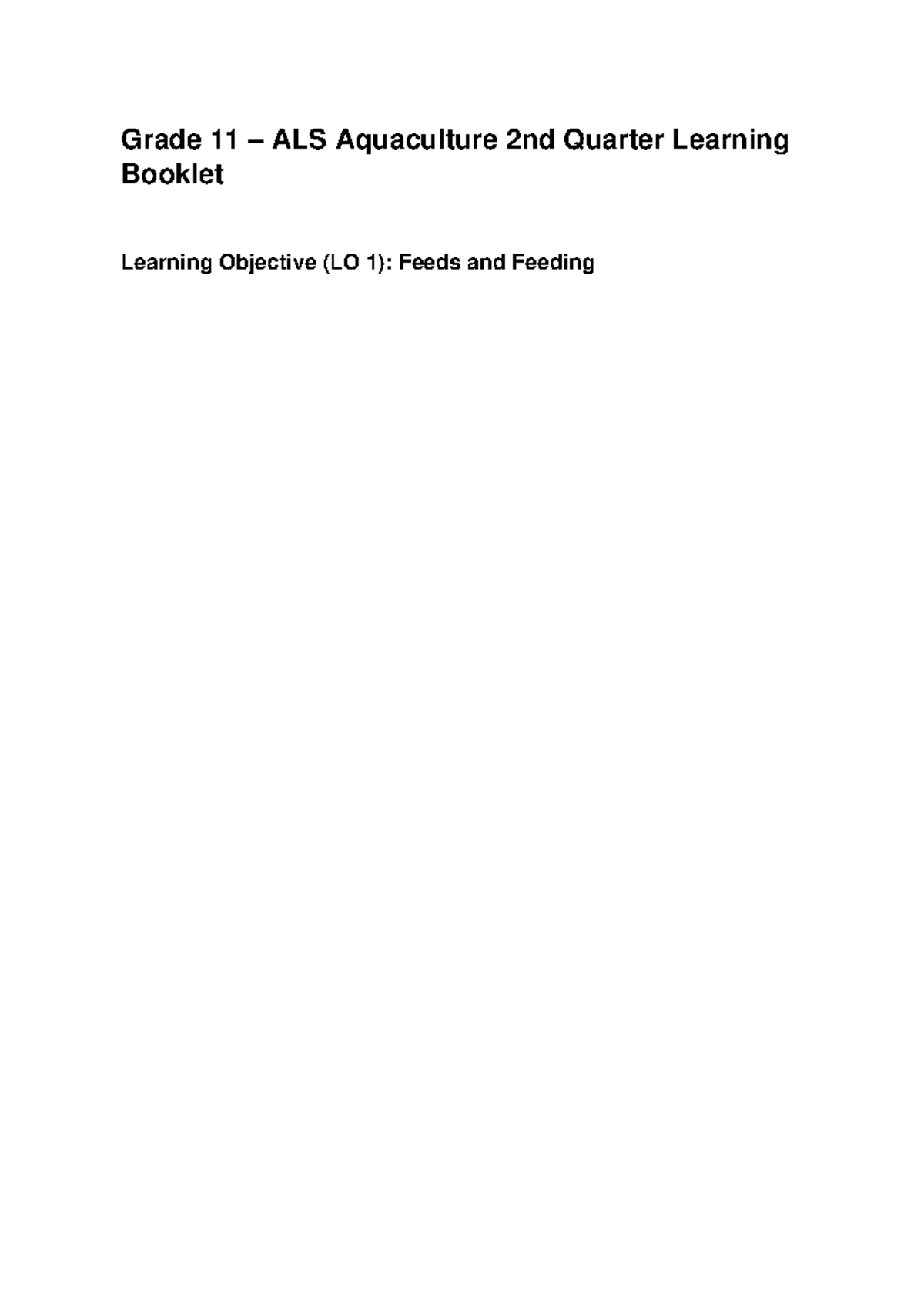 Grade 11 ALS Aquaculture Q2 Learning Booklet: Feeds & Feeding Notes ...