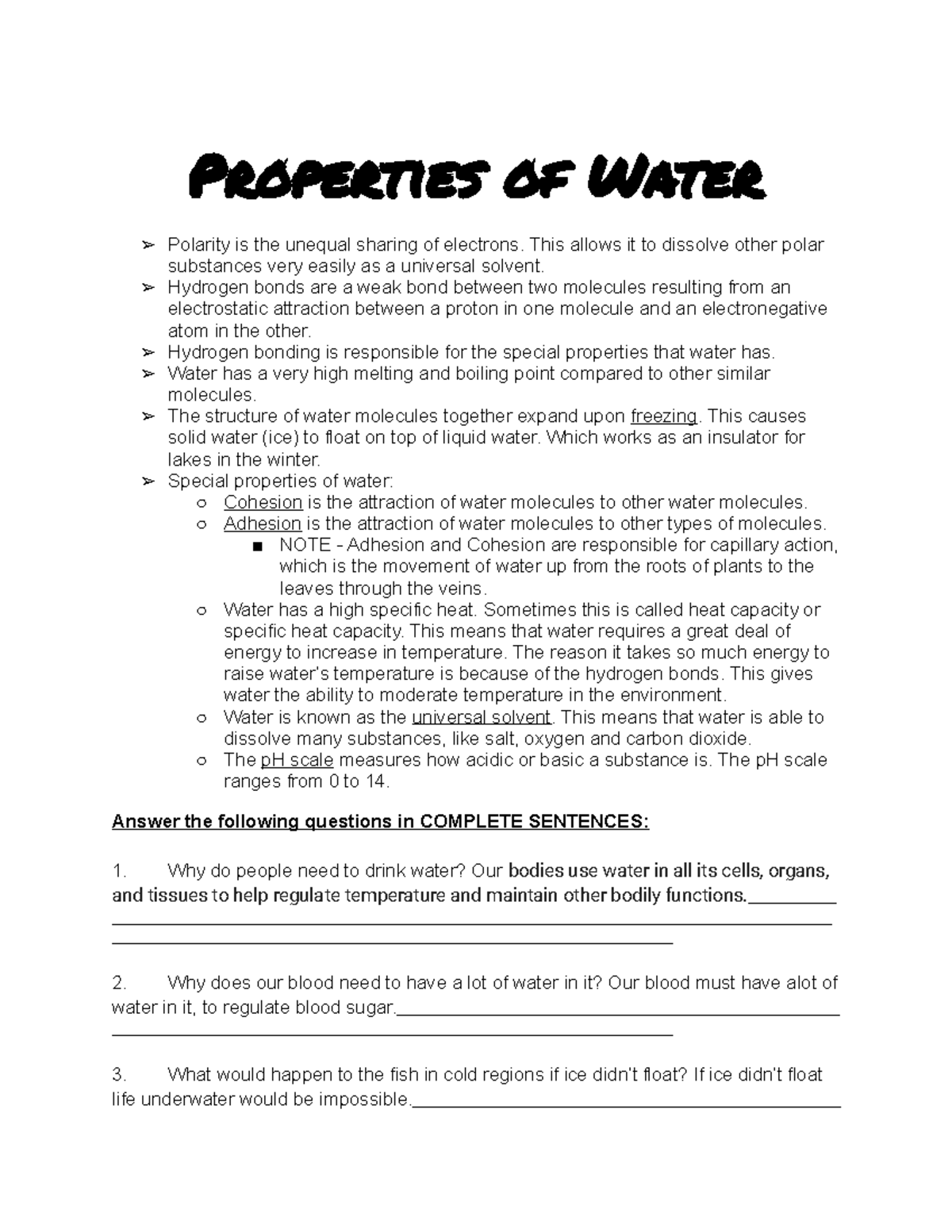Properties of Water: Worksheet for Science 101 Final Exam - Studocu