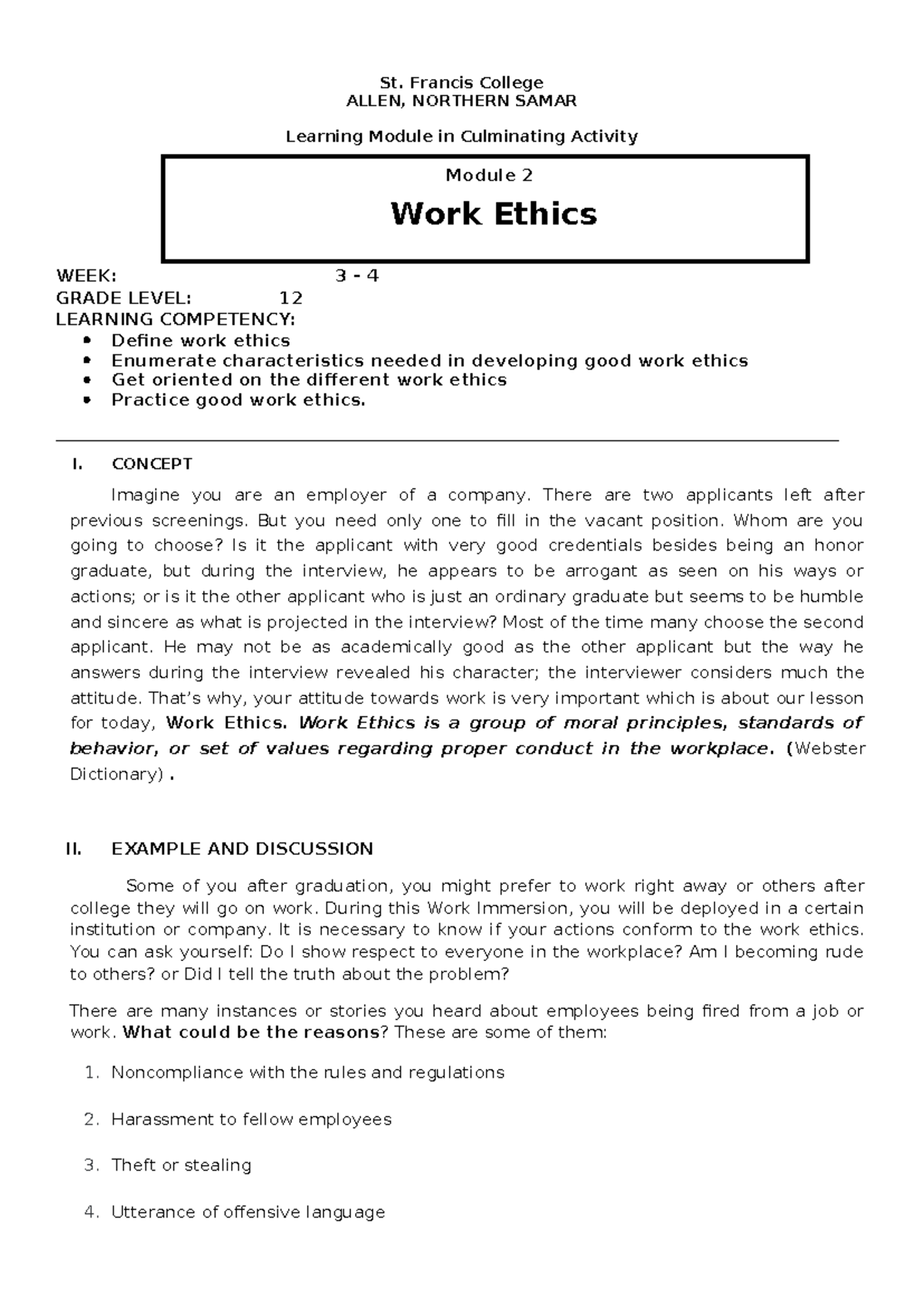 Culminating Activity Module 2: Work Ethics for Grade 12 Students - Studocu