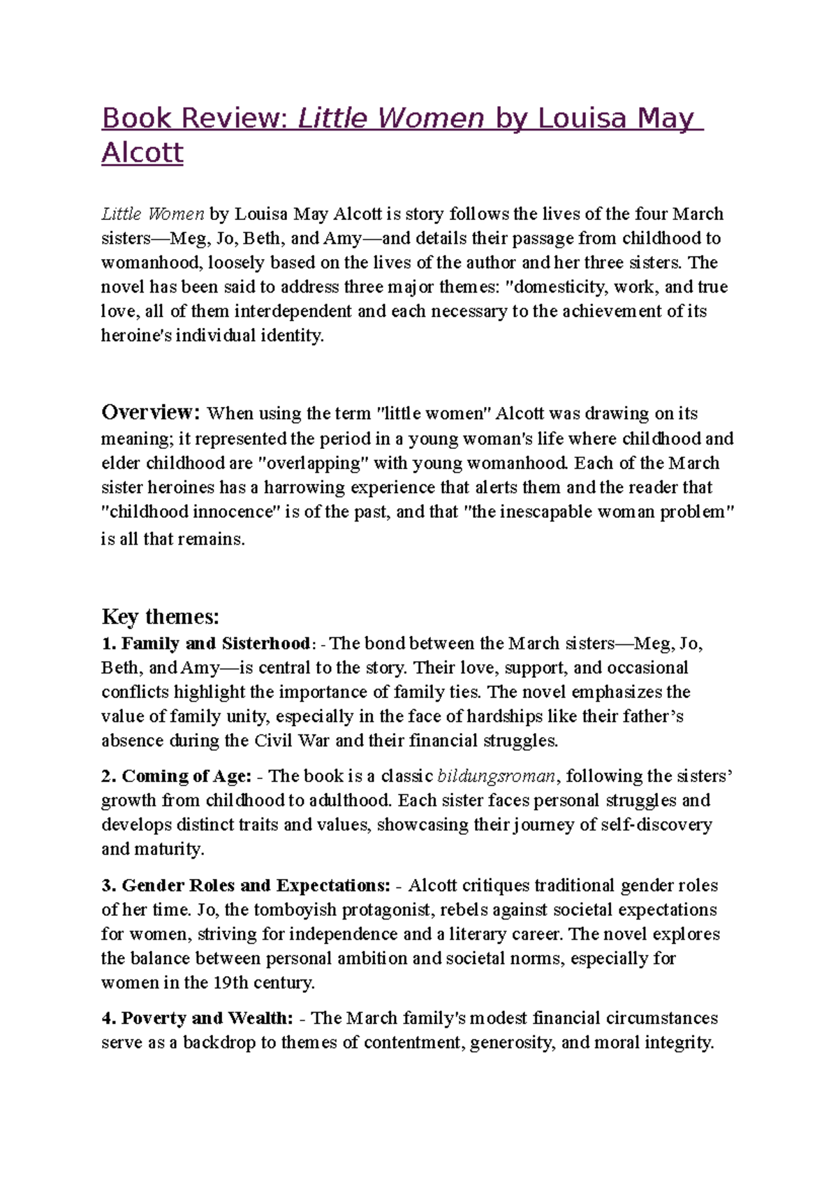 Book Review: Little Women (ENG101) - Themes & Characters Analysis - Studocu
