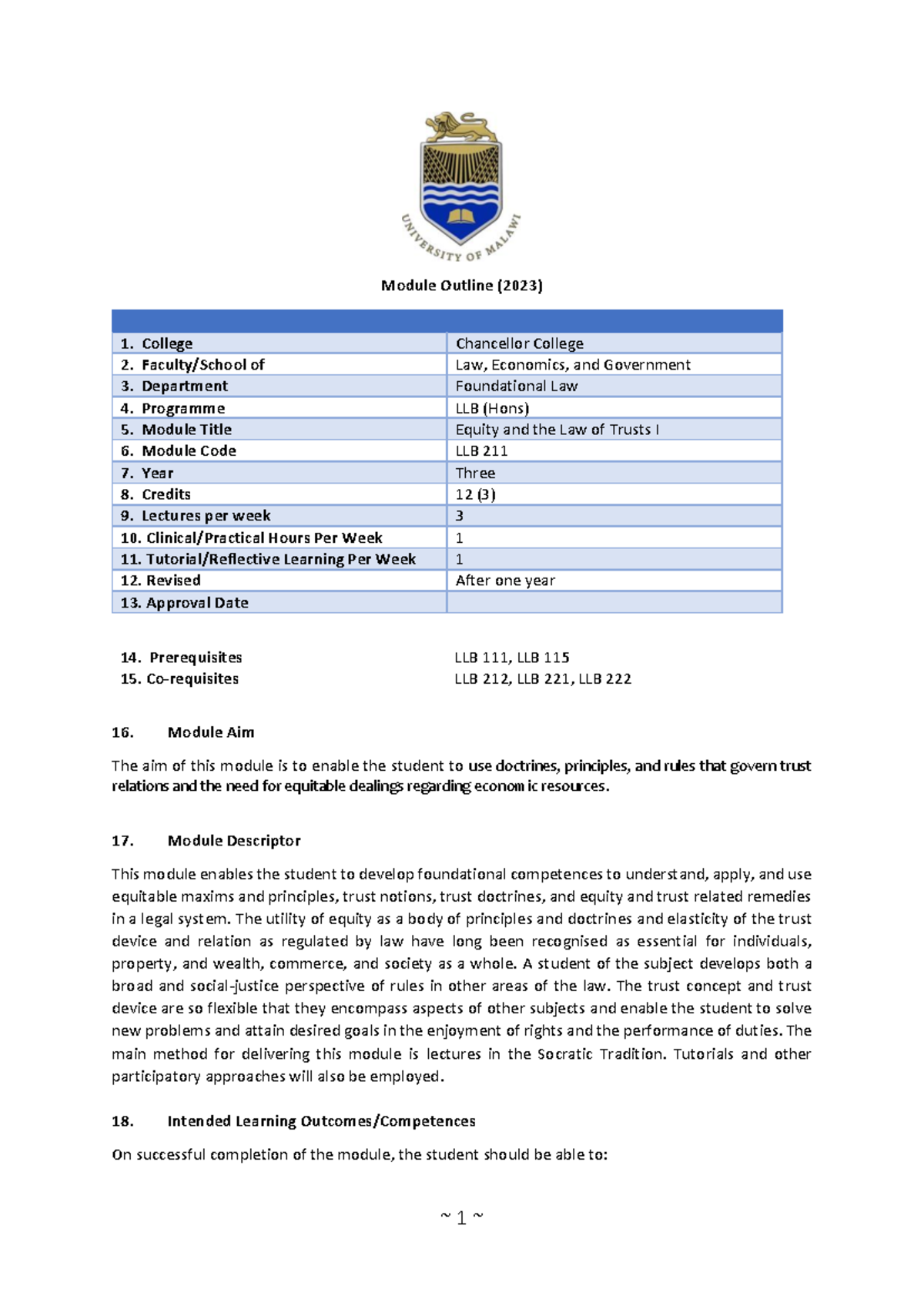 LLB 211 Equity and the Law of Trusts I Module Overview 2023 - Studocu