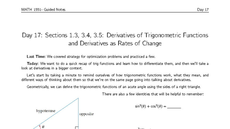 MATH Guided Notes Day 17: Derivatives of Trigonometric Functions - Studocu