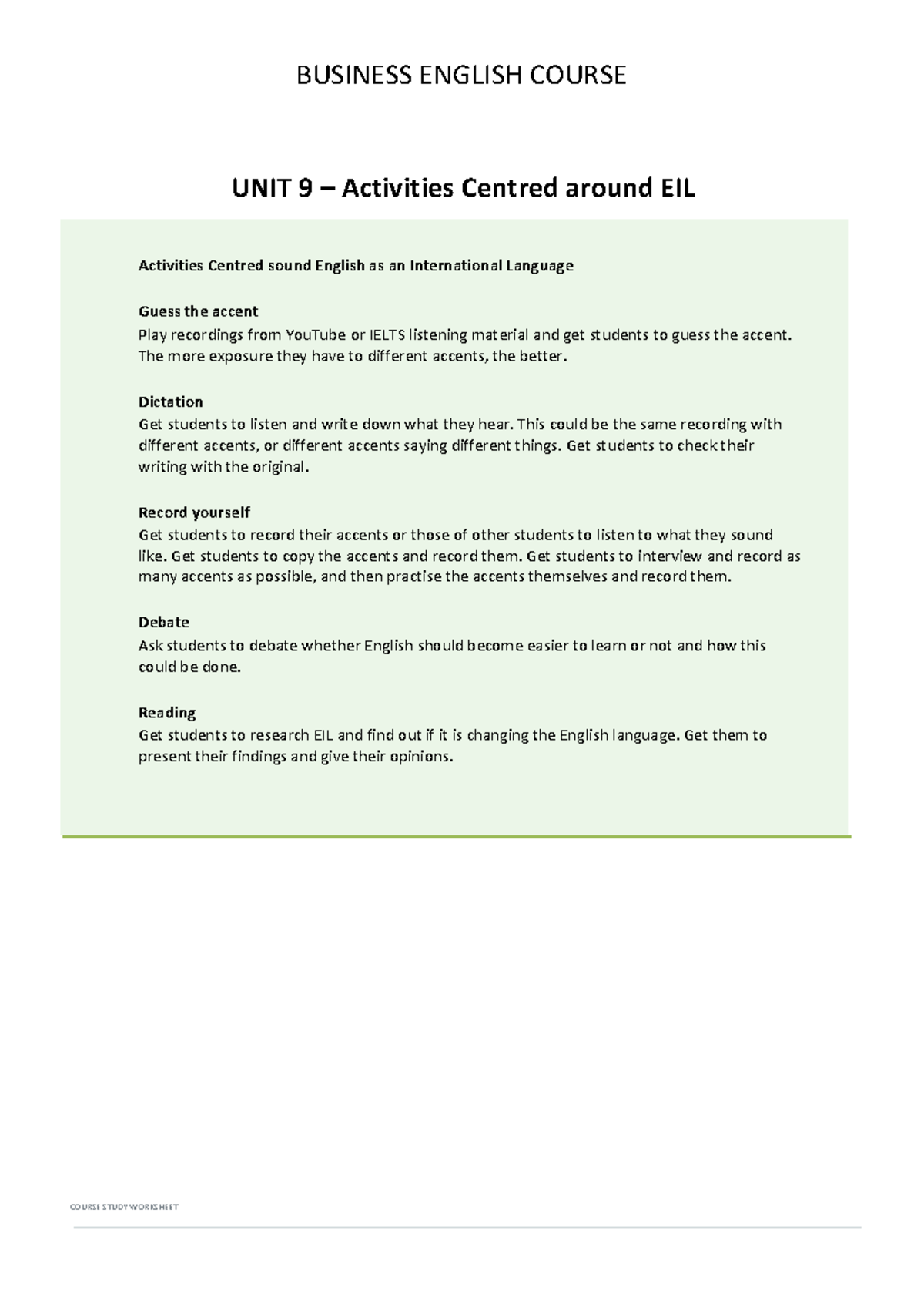 BUSINESS ENGLISH COURSE UNIT 9: EIL Activities Worksheet - Studocu