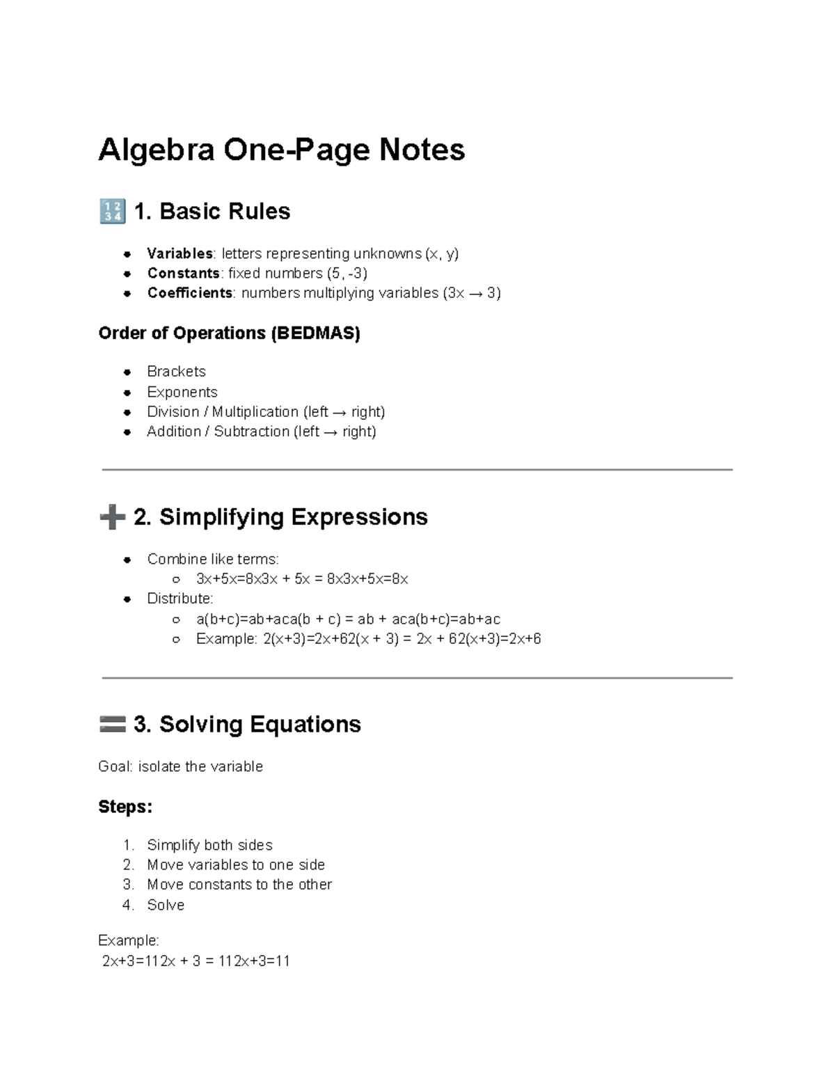 Algebra - Algrebra rules - Algebra One-Page Notes 🔢 1. Basic Rules ...