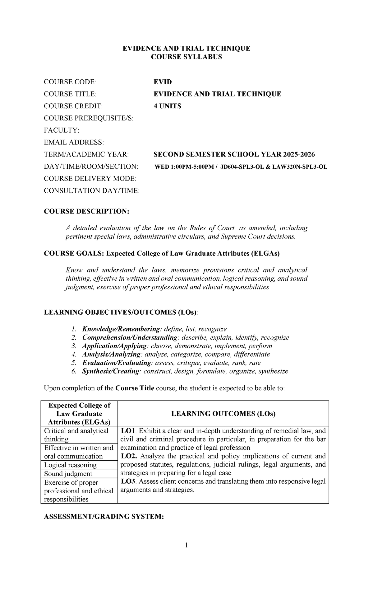 EVID 2025-2026 Evidence and Trial Technique Course Syllabus - Studocu