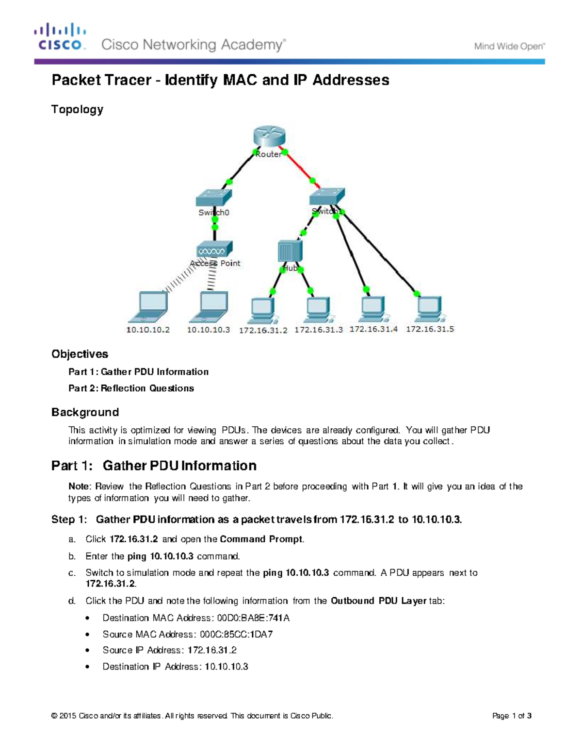5.3.1.3 Packet Tracer - Analyzing MAC & IP Addresses in PDU - Studocu