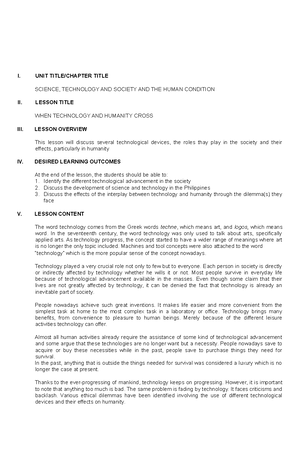 STS Lesson 11 The Information Age - I. UNIT TITLE/CHAPTER TITLE ...