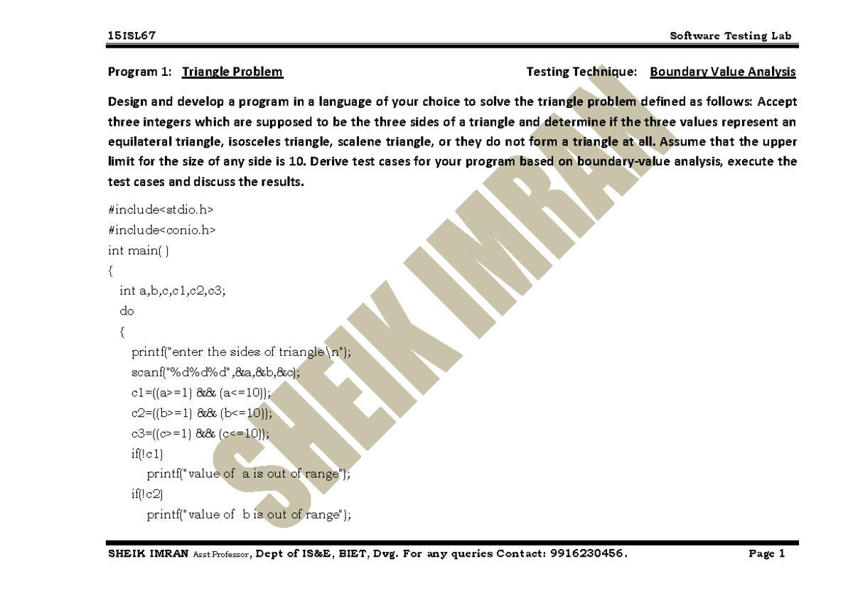 Software Testing Lab Manual for VTU 6th - Program 1: Triangle Problem ...
