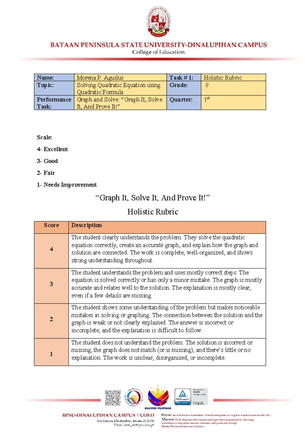 Holistic rubric for solving quadratic equations using the formula - Studocu