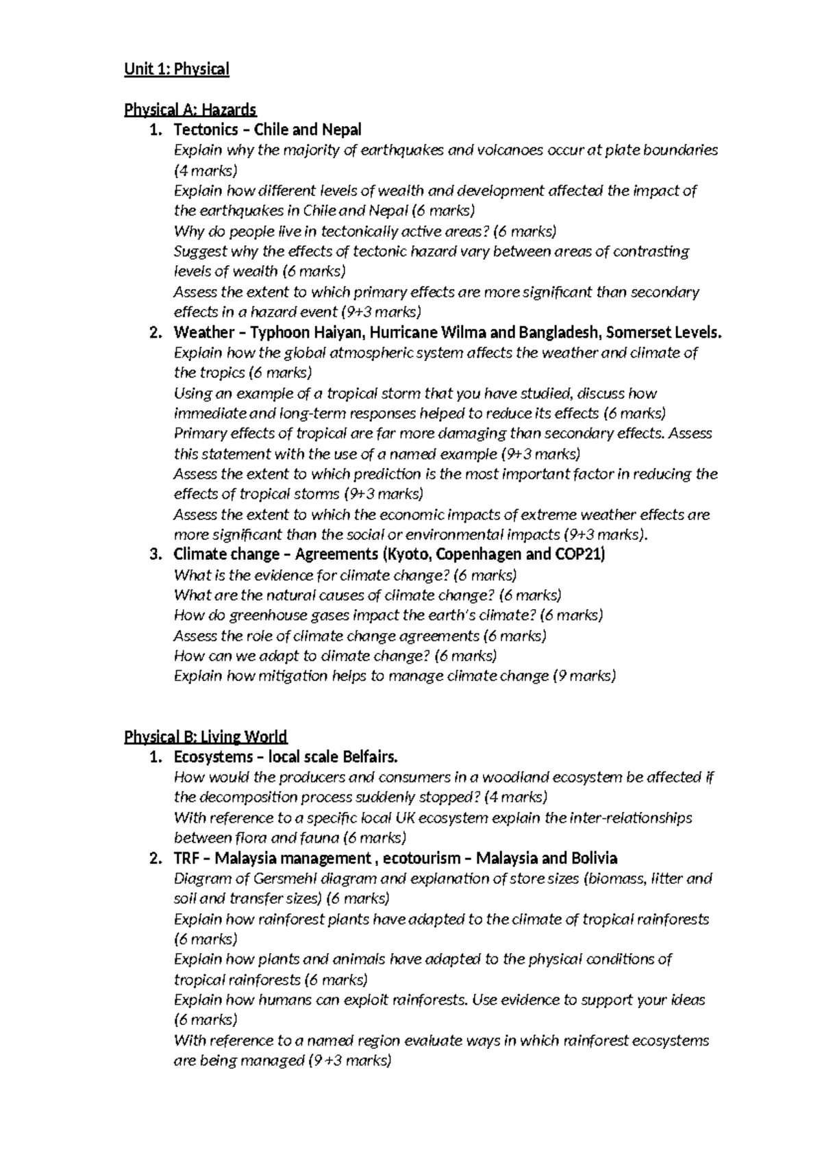 Year 10 & 11 Geography: 6 & 9 Mark Questions Overview - Studocu
