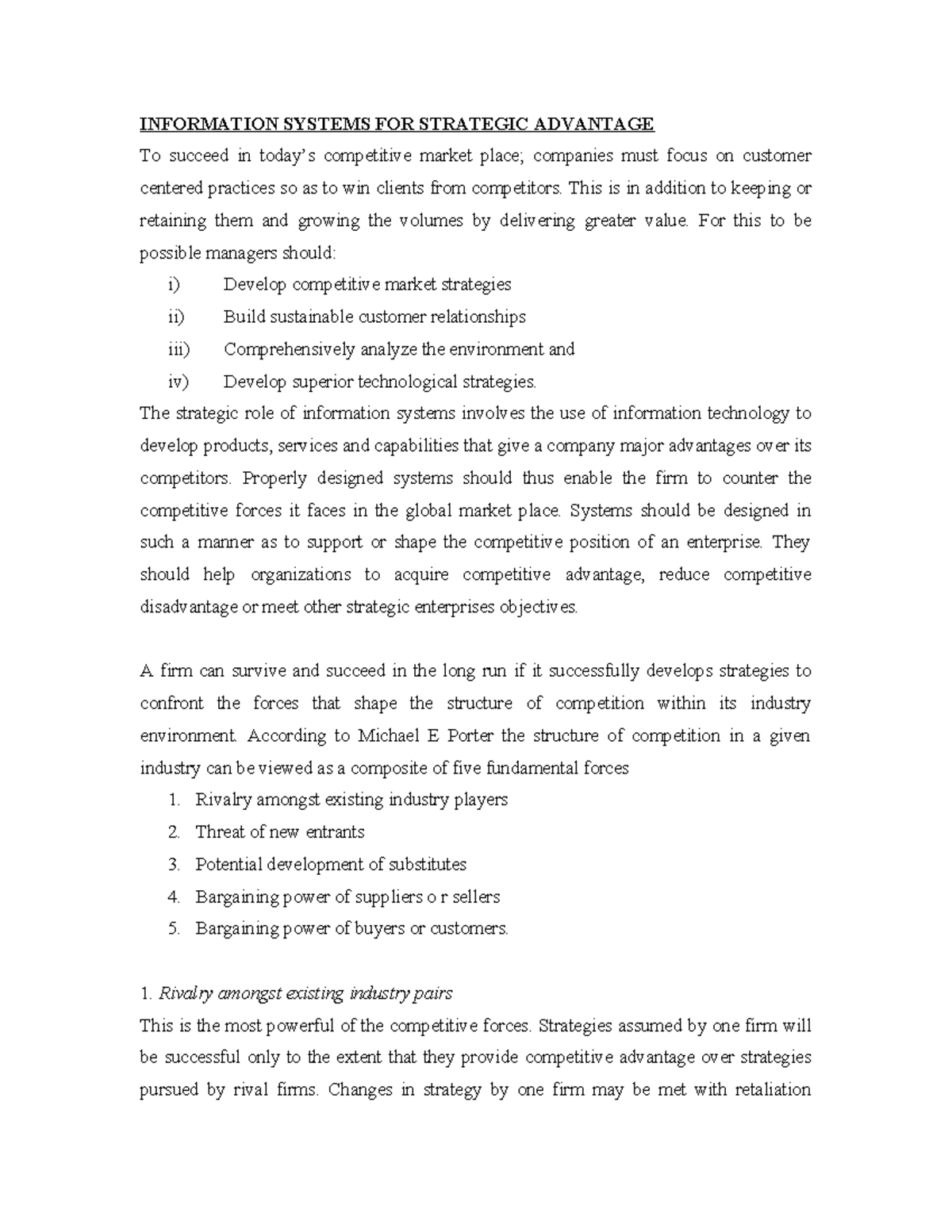 Information Systems for Strategic Advantage: 5 Forces & Value Chain ...