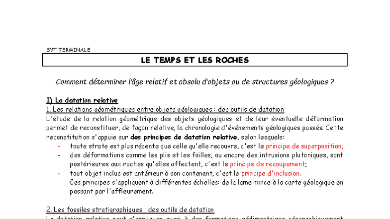 SVT TERMINALE - Datation Relative et Absolue des Roches - Studocu