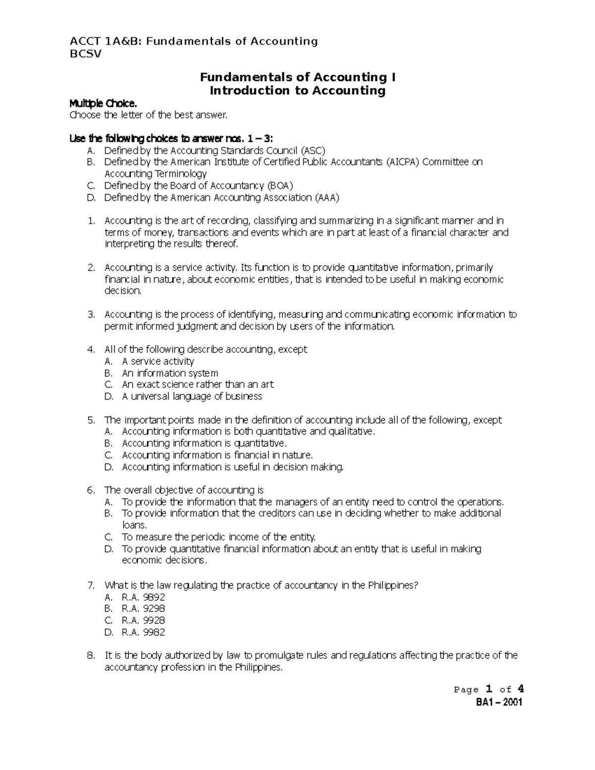 ACCT 1AB Fundamentals of Accounting I Quiz Questions and Answers - Studocu
