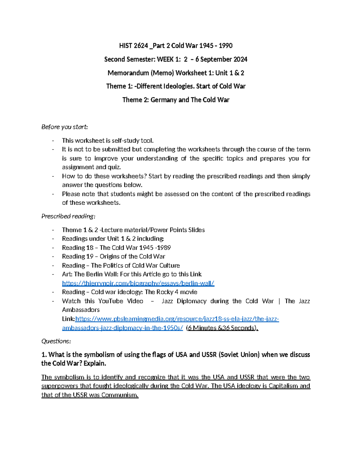 HIST 2624 Final Exam Memo: Cold War Ideologies & Germany (Week 1) - Studocu