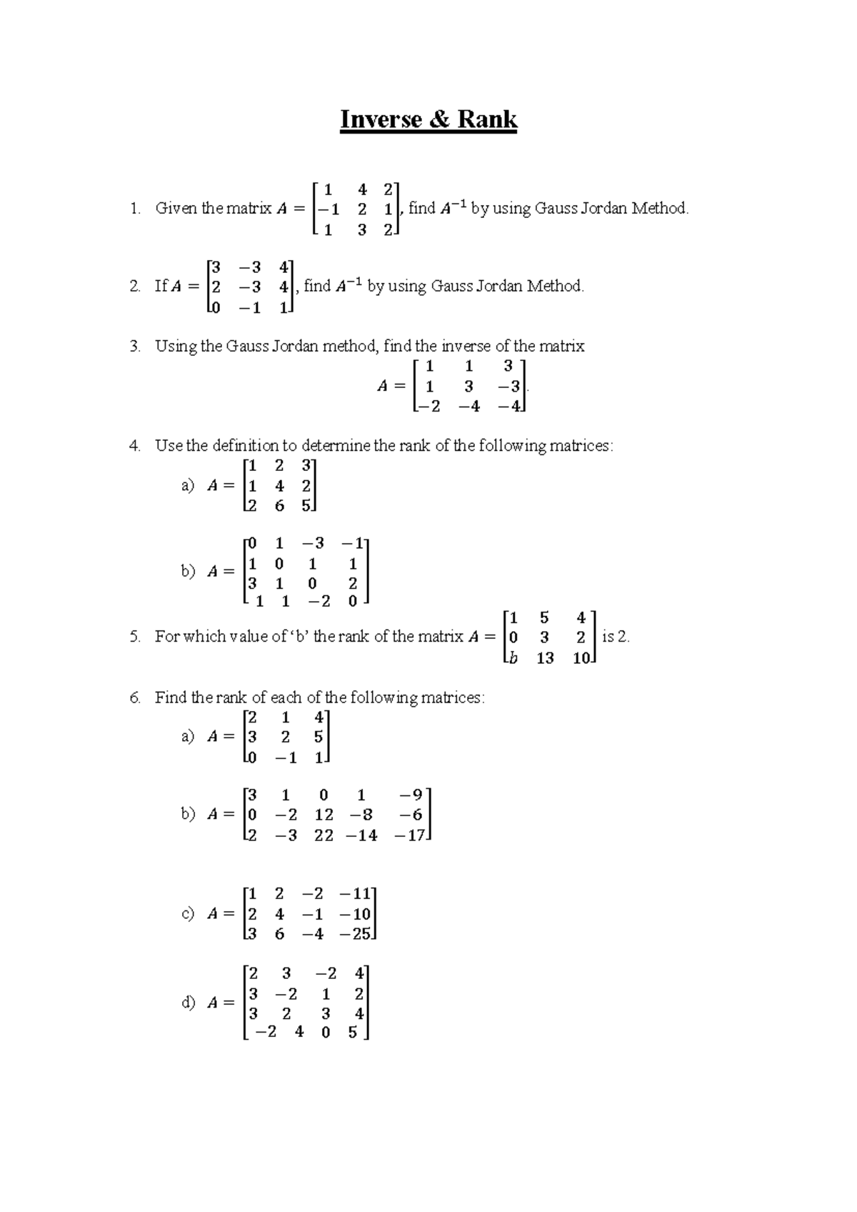 Inverse Rank Practice: Gauss Jordan Method Exercises - Studocu