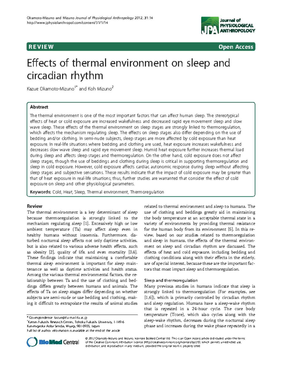 Effects of Thermal Environment on Sleep and Circadian Rhythm (PHYS ANTH ...