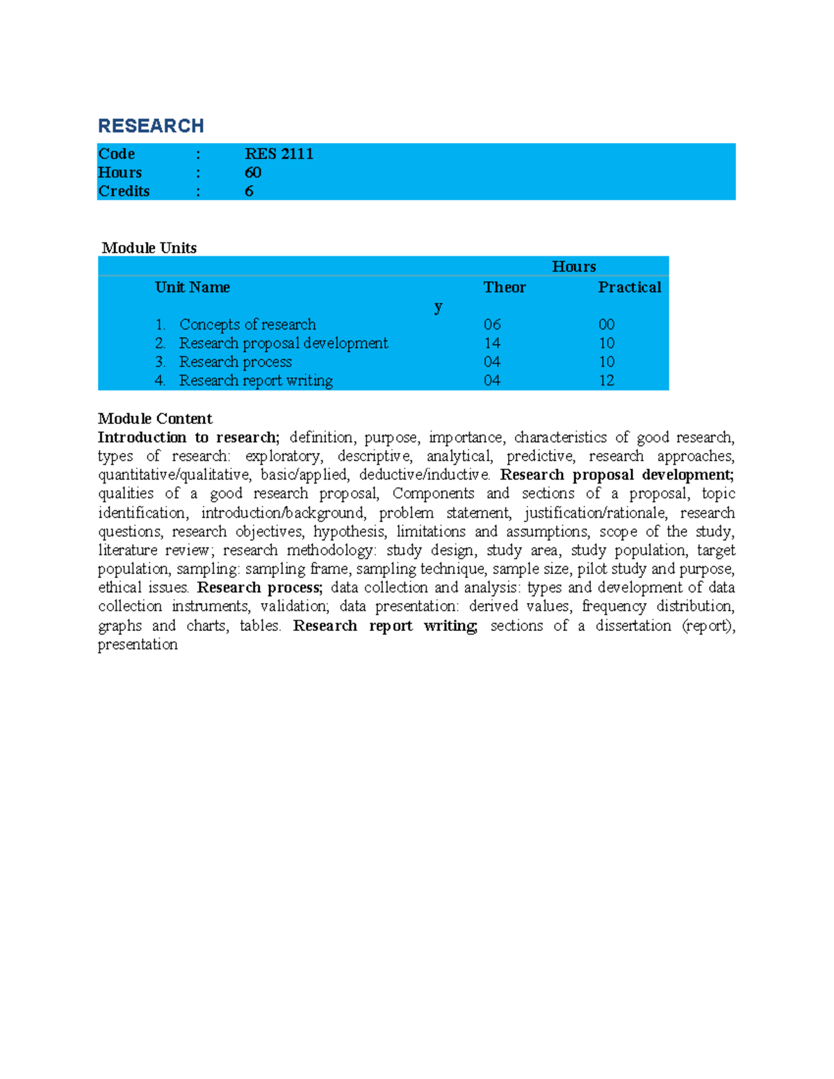Research - Use this it's good - RESEARCH Code : RES 2111 Hours : 60 Credits : 6 Module Units ...